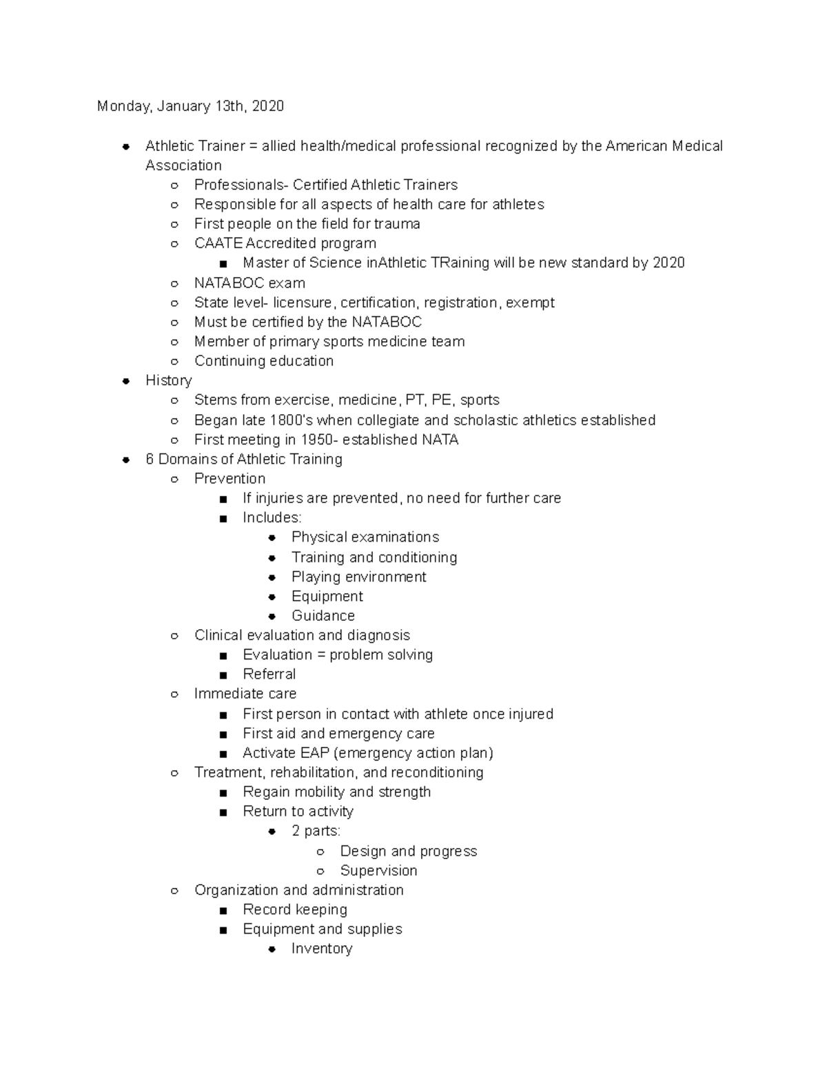 Class Notes Athletic Trainer, Sports Medicine - Monday, January 13th ...