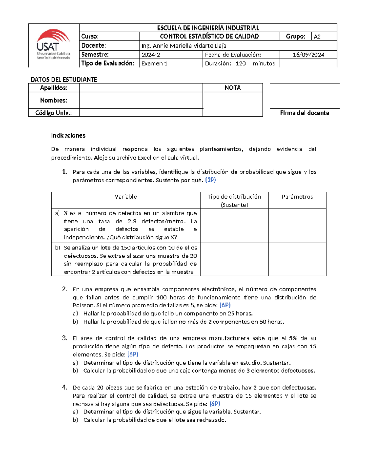 Examen individual - Control estadístico de calidad A2 - Indicaciones De ...