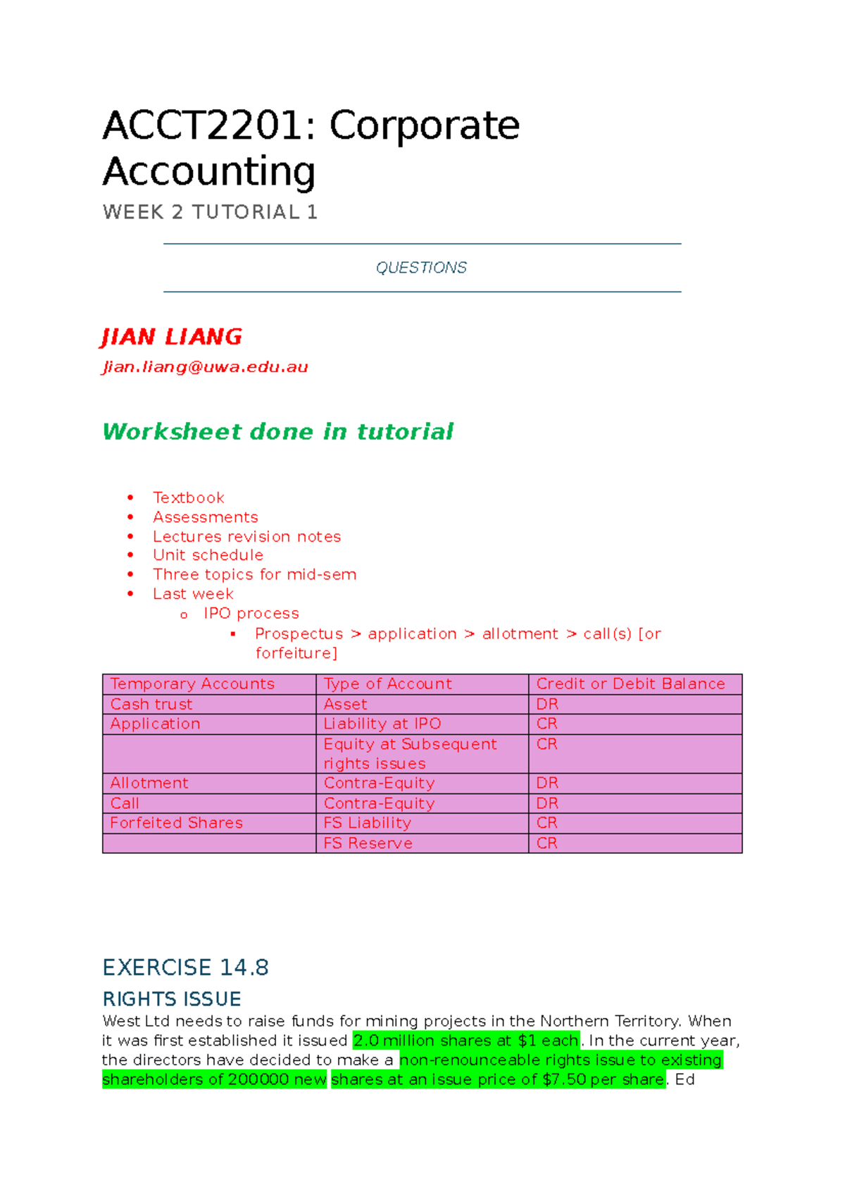 ACCT2201; WEEK 2 TUTE 1 - tutorial wokr - ACCT2201: Corporate ...