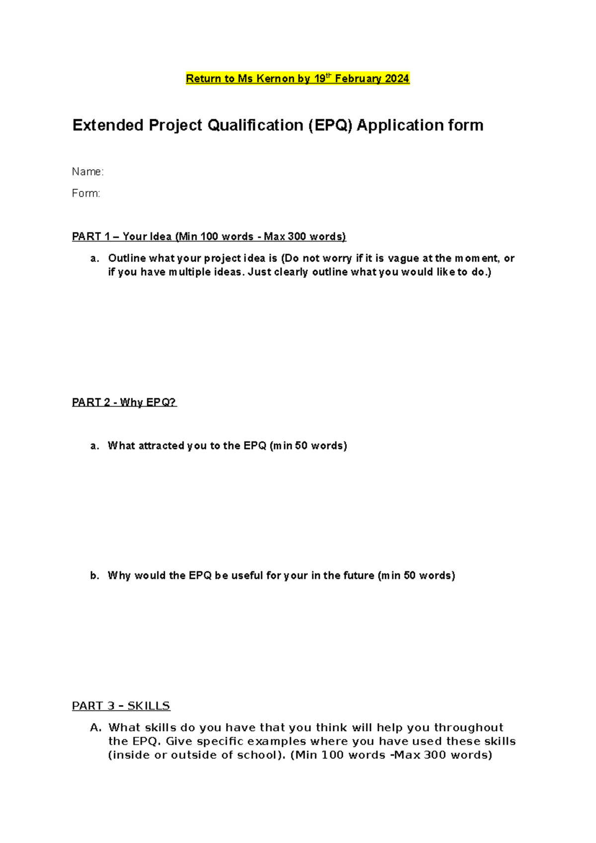EPQ Application form 2024 - Return to Ms Kernon by 19th February 2024 ...