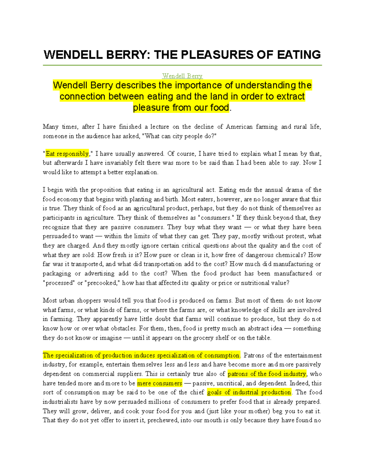 Wendell Berry - First Written Assignment text - WENDELL BERRY: THE ...