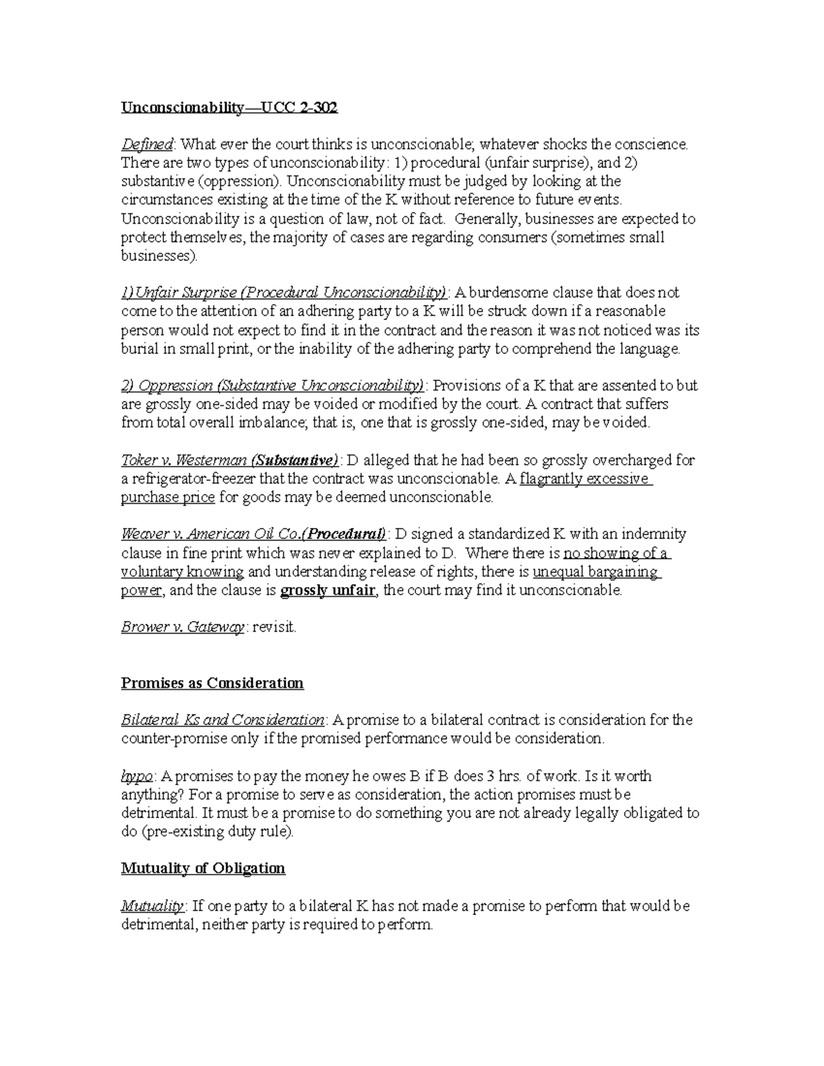 Contracts Law Outline - 1 - Unconscionability—UCC 2- Defined: What ever ...
