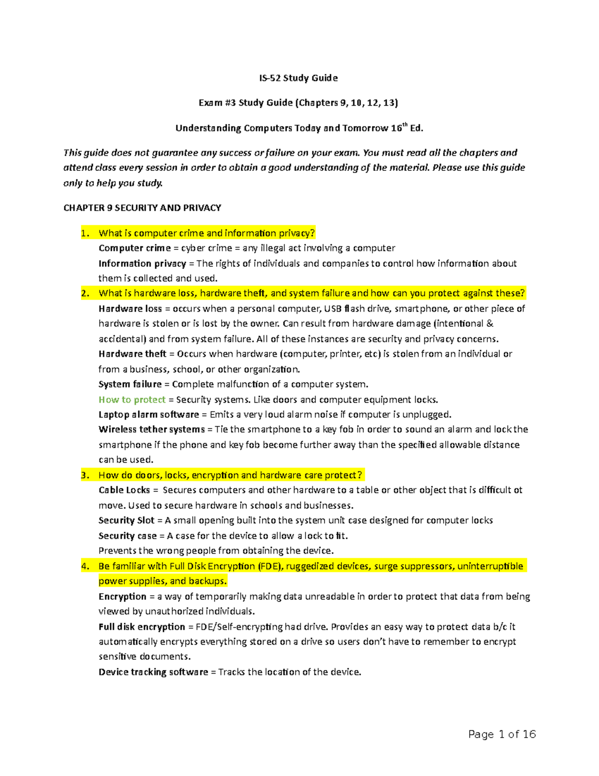 Exam #3 Study Guide - This guide does not guarantee any success or ...