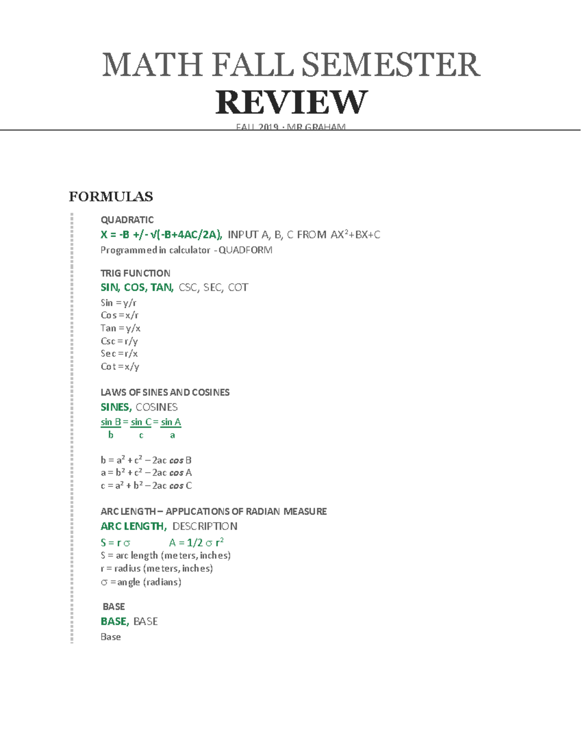 Math Fall Semester Review- Fall 2019 Mr. Graham - MATH FALL SEMESTER ...