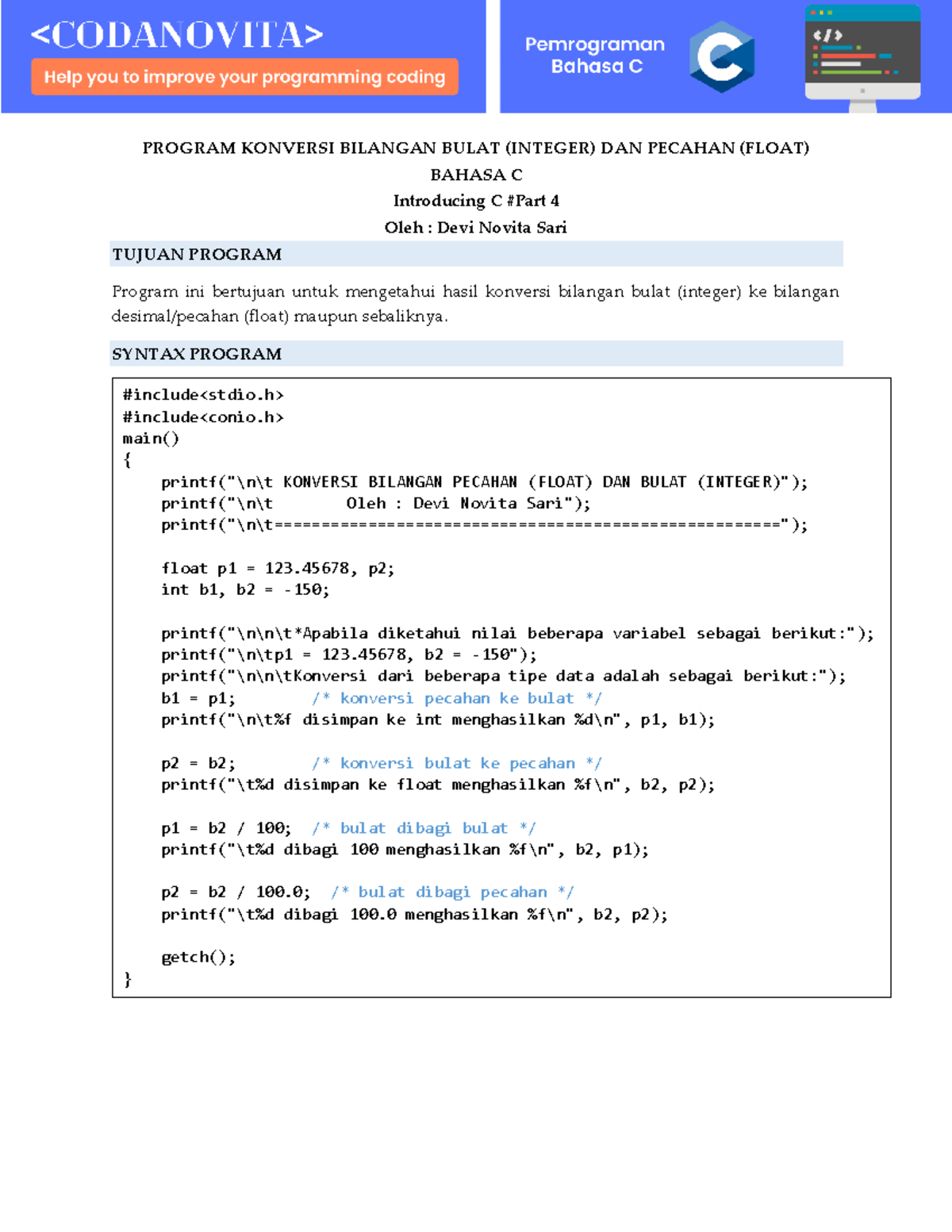 P4 C Konversi Bilangan Bulat (Integer) dan Bilangan Pecahan (Float) - PROGRAM KONVERSI BILANGAN ...