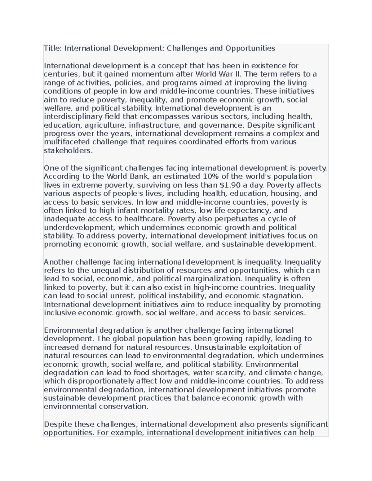 International Development - Challenges and Opportunities - Title ...