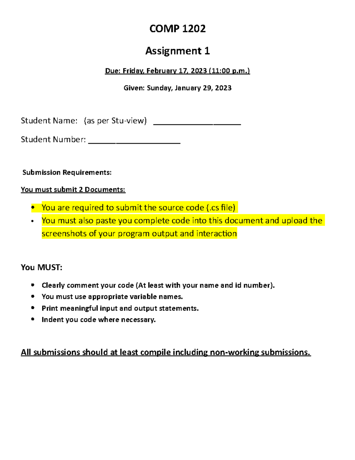 COMP1202 Assignment 1 W2023 - COMP 1202 Assignment 1 Due: Friday ...