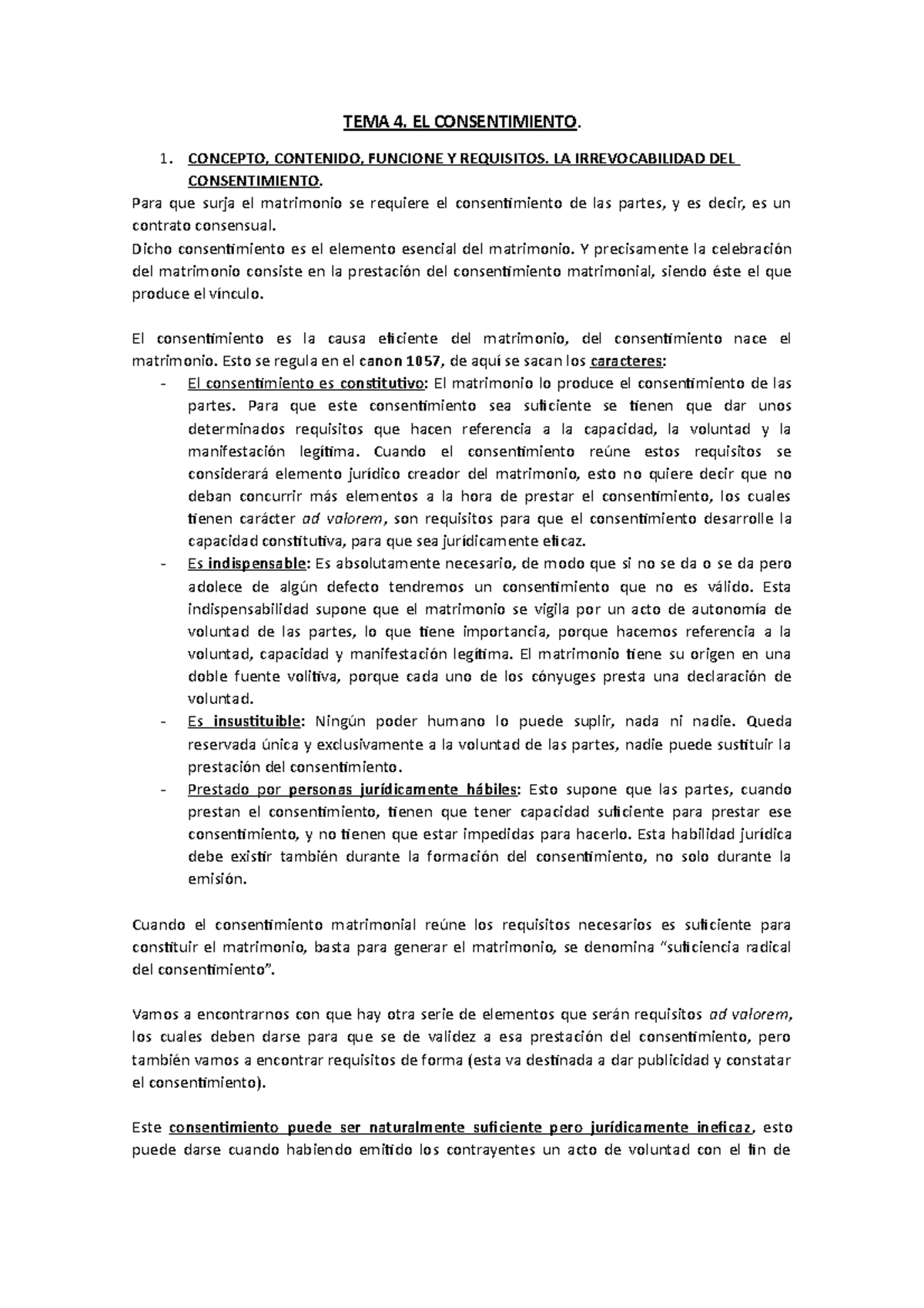 TEMA 4 - apuntes matrimonial canónico - TEMA 4. EL CONSENTIMIENTO. 1 ...