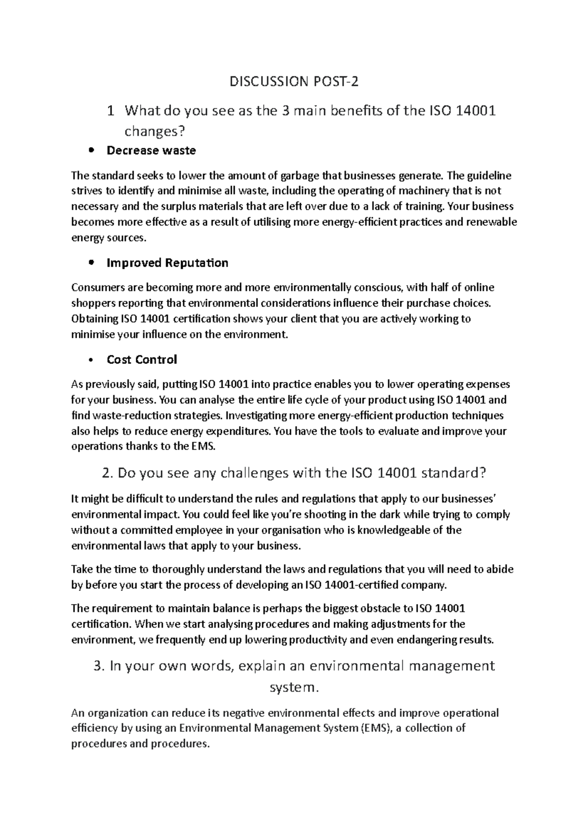 Discussion POST 2 Quality evnironment system - DISCUSSION POST- 1 What ...