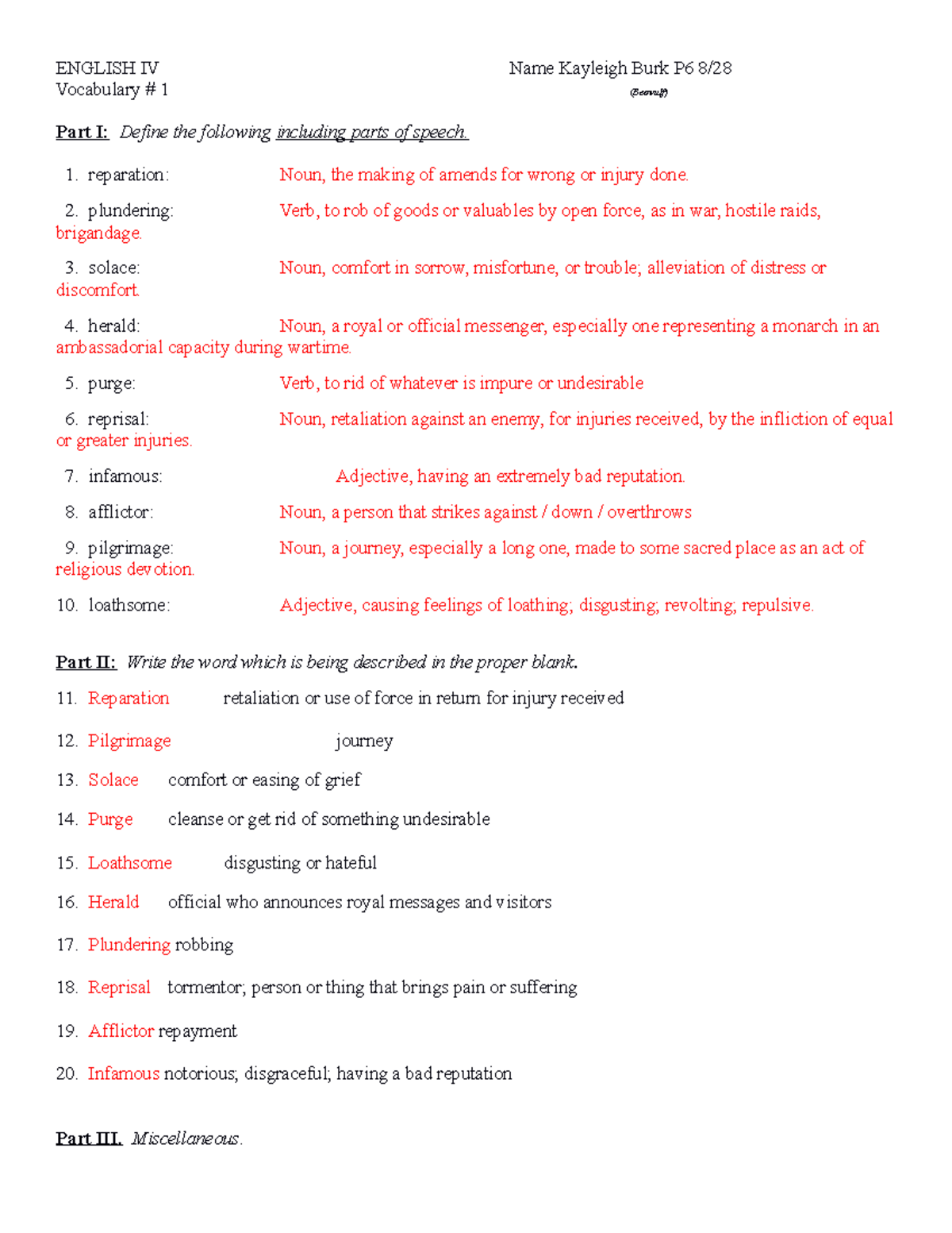 Beowulf 1 HW - Vocab - ENGLISH IV Name Kayleigh Burk P6 8/ Vocabulary ...