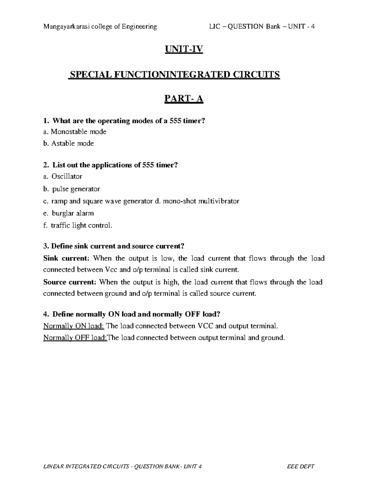 Unit 4 - UNIT 4 QUESTION BANK - Mangayarkarasi college of Engineering ...