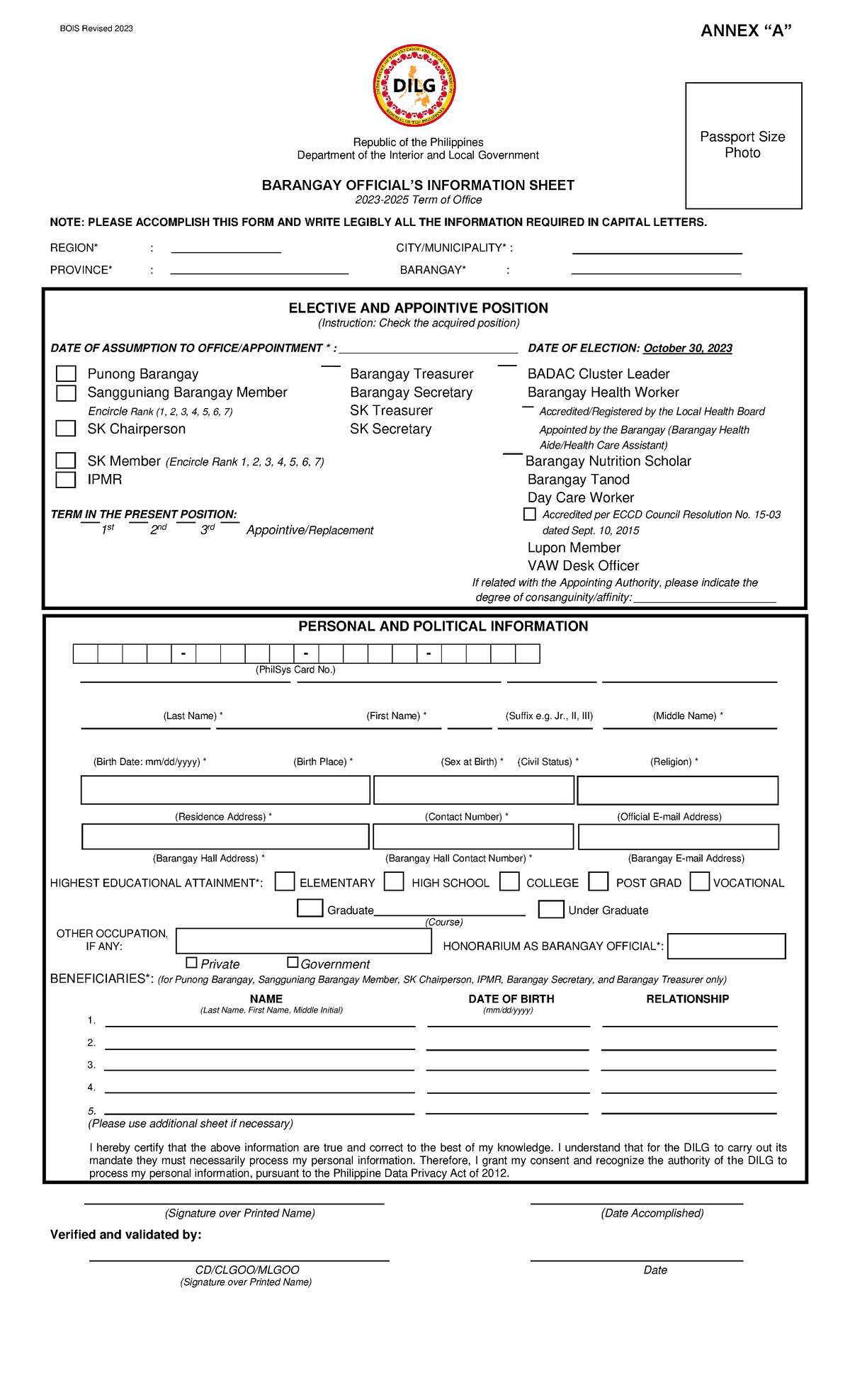 Annex A BOIS Form Revised 2023 1 - Republic of the Philippines ...