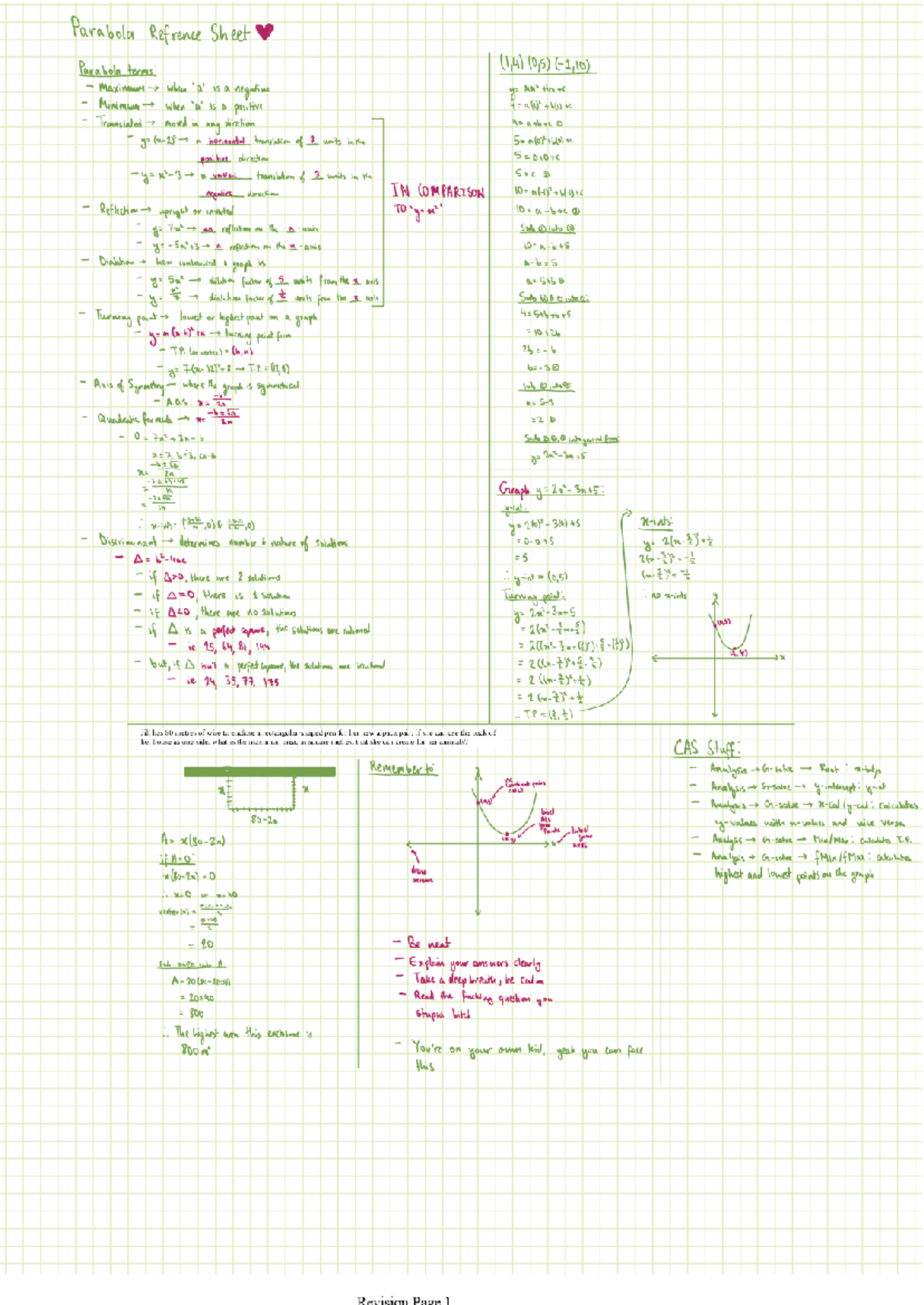 Parabola Cheat Sheet - Final Exam Study Guide for Math 101 - Parabola ...