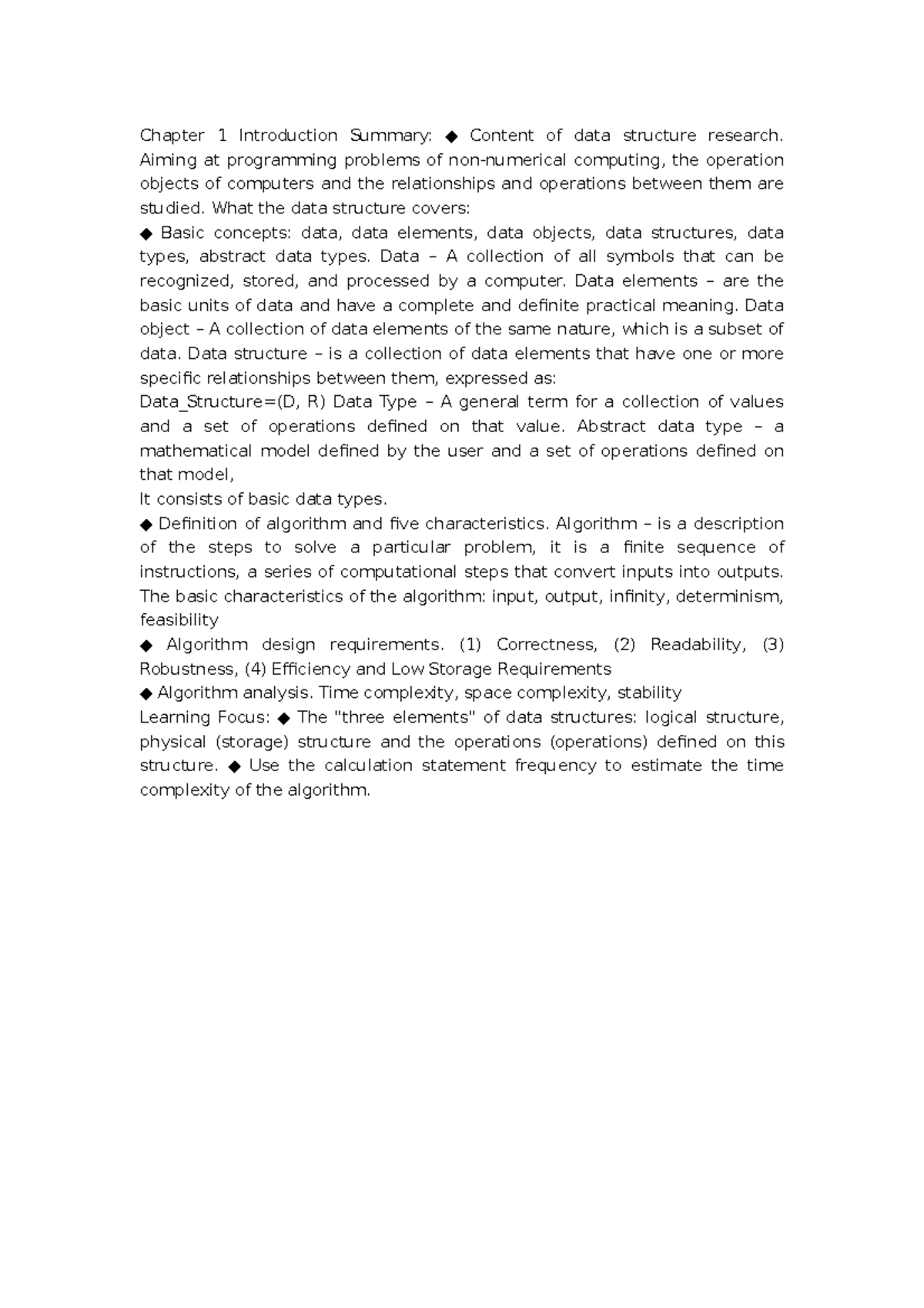 Chapter 1 Introduction Summary - Chapter 1 Introduction Summary: Content of data structure - Studocu