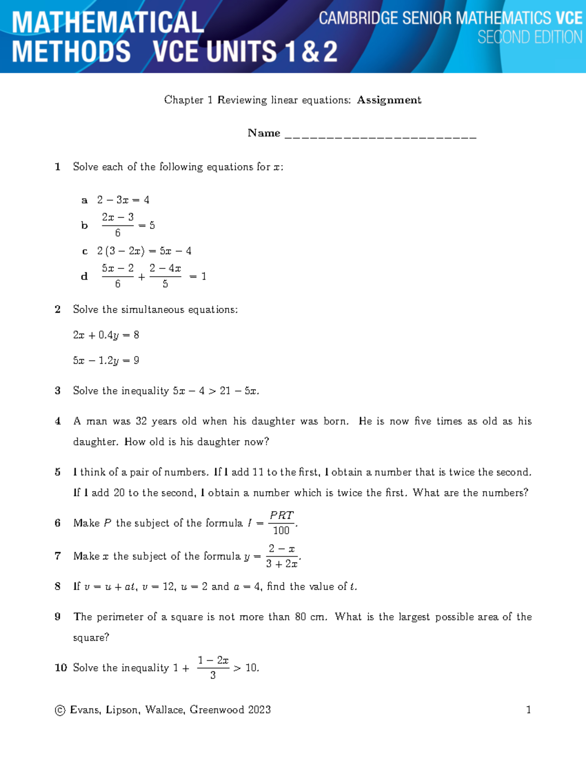 Methods 1-2 Assignments - Chapter 1 Reviewing linear equations: Assignment Name - Studocu