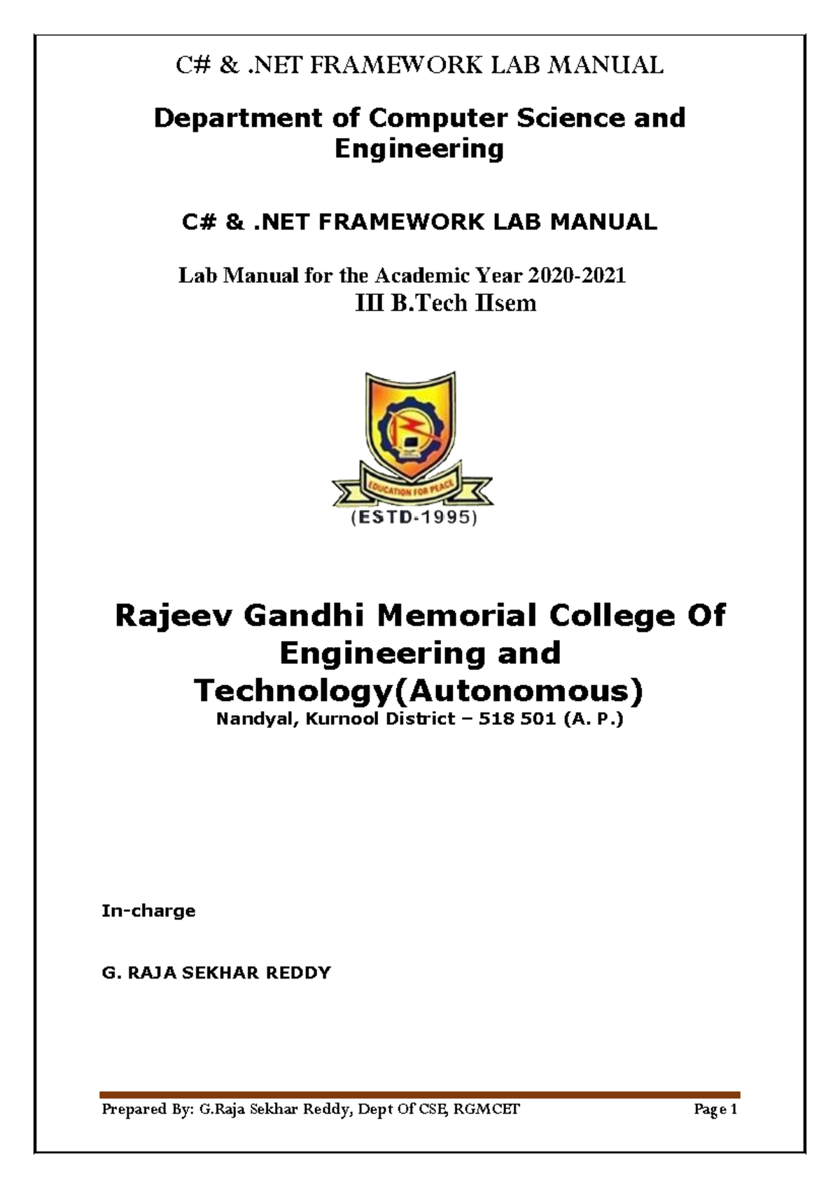DOT NET LAB - Notes - Department of Computer Science and Engineering C# ...