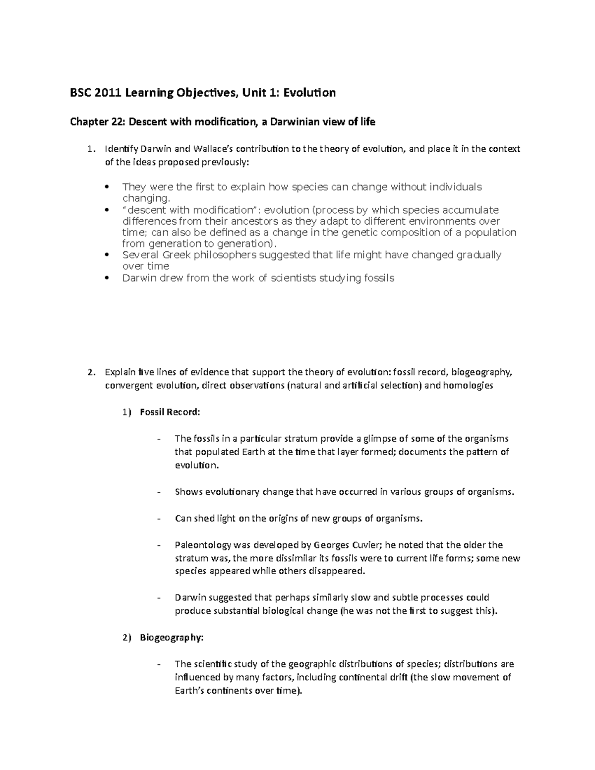 BSC 2011 Learning Objectives- Unit 1 - BSC 2011 Learning Objectives ...