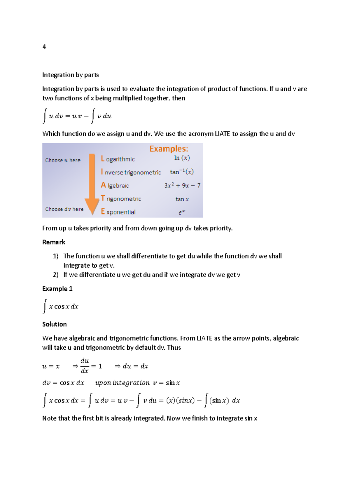 Lesson 5 calculus 2 notes - 4 Integration by parts Integration by parts ...