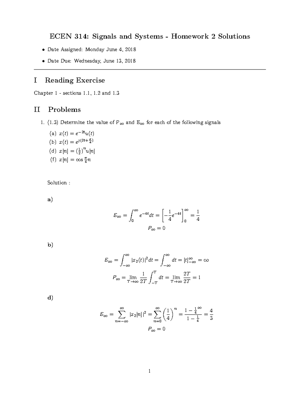 Su18hw2solutions - Practice material - ECEN 314: Signals and Systems - Homework 2 Solutions Date ...