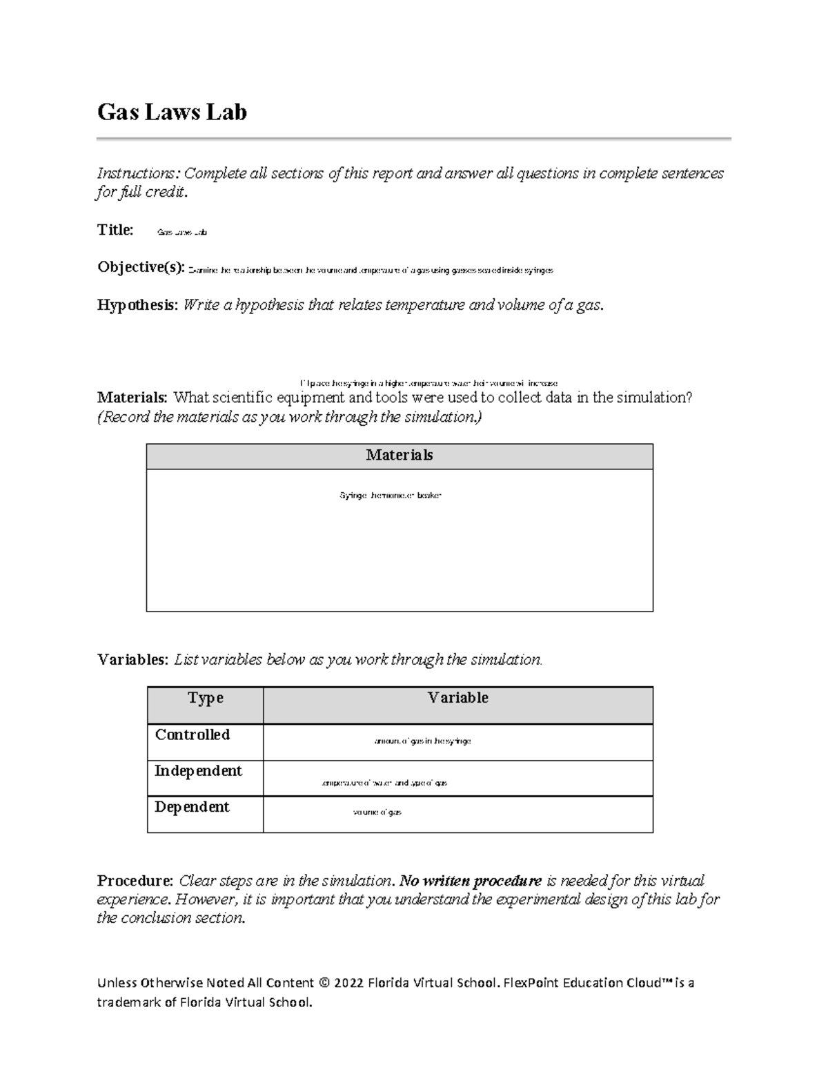 Lab report - gas laws lab - Unless Otherwise Noted All Content © 2022 ...