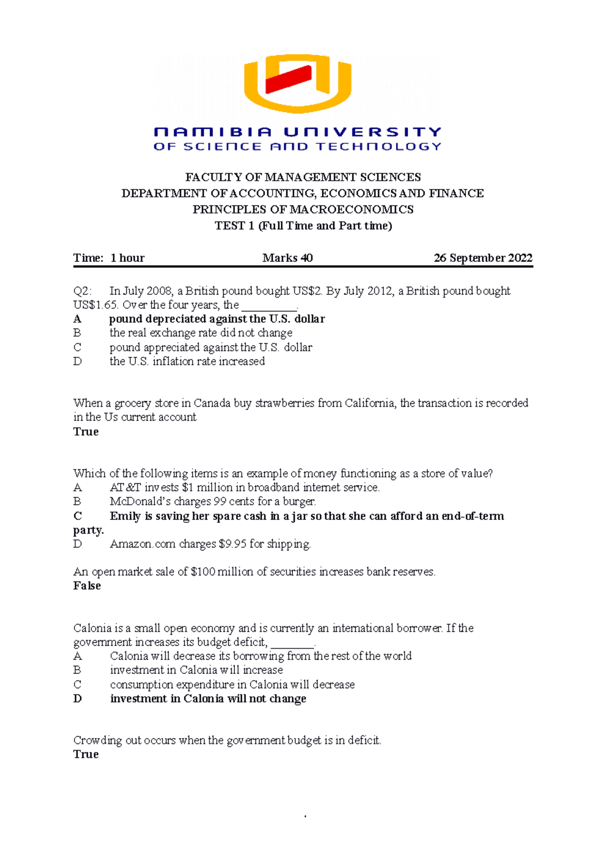 PMA TEST 2 S2 2021 MEMO - Notes - FACULTY OF MANAGEMENT SCIENCES ...