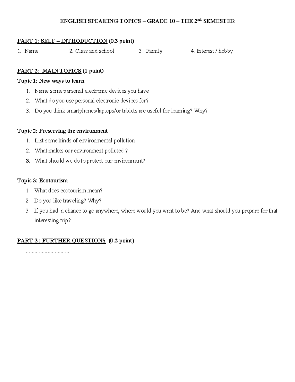 Speaking Topics G10 HK2 - ENGLISH SPEAKING TOPICS – GRADE 10 – THE ...