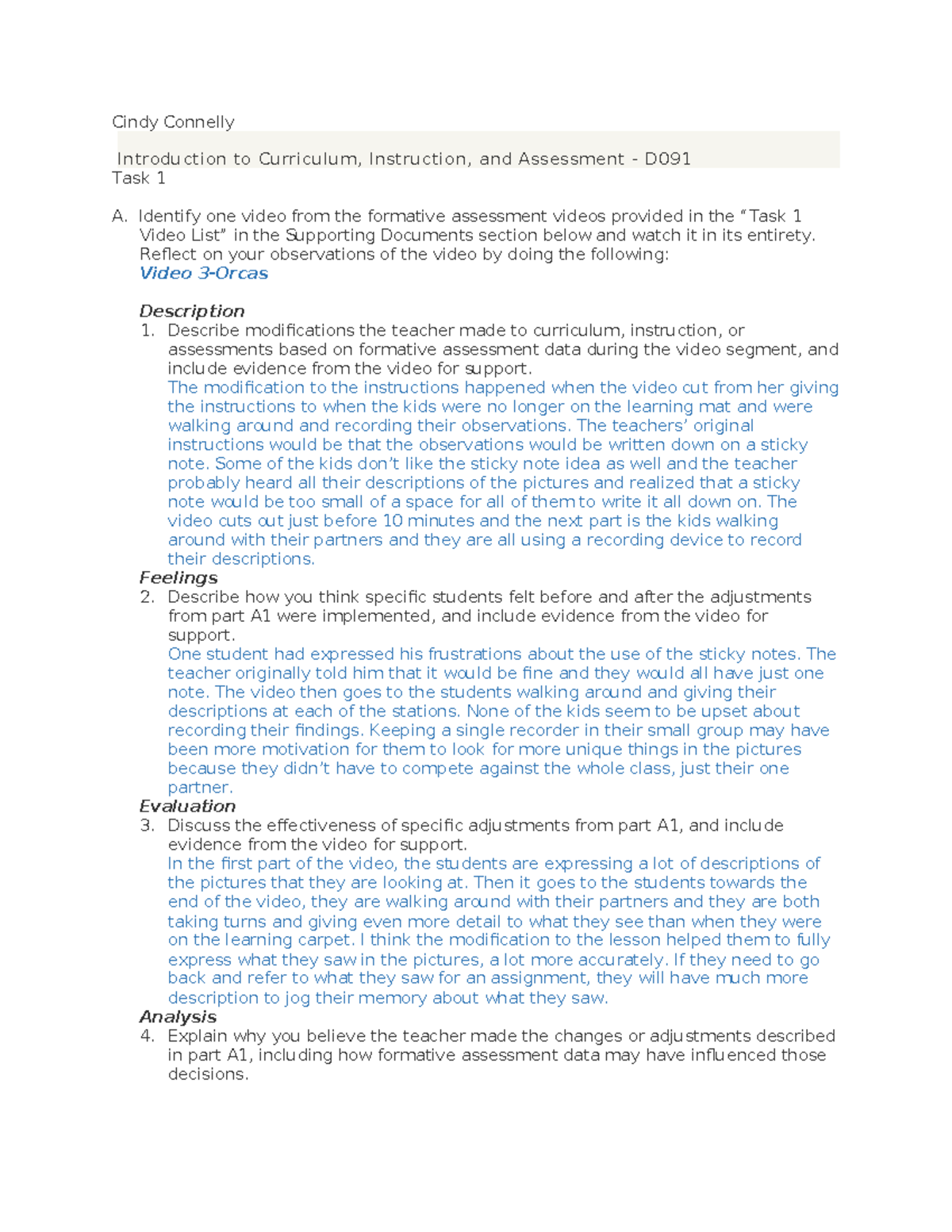 D091 Task 1 - Passed first attempt - Cindy Connelly Introduction to ...