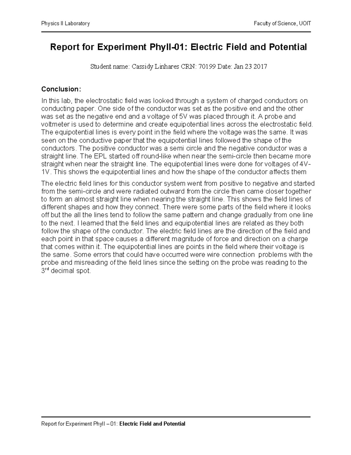 Physics Lab 1 - Physics II Laboratory Faculty of Science, UOIT Report ...