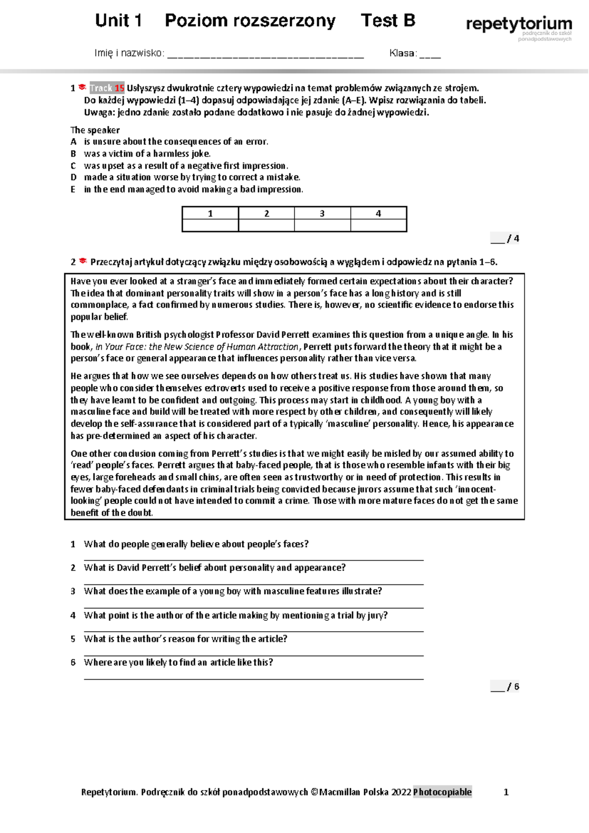 U1 Test PR gr B - Test unit 1 - Unit 1 Poziom rozszerzony Test B Imię i ...