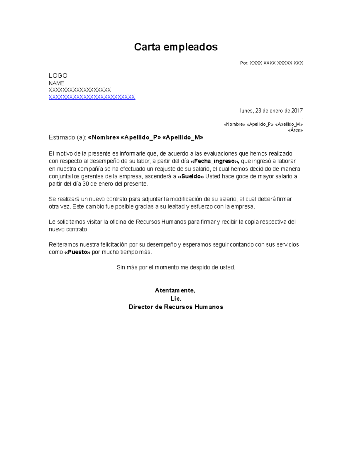 Carta Trabajo Carta Empleados Por Xxxx Xxxx Xxxxx Xxx Logo Name