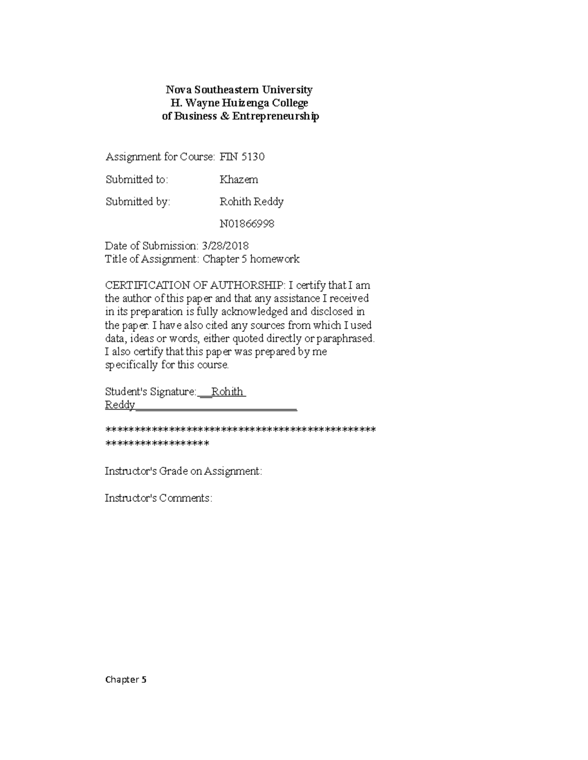 Chapter 5 homework Final - Nova Southeastern University H. Wayne ...