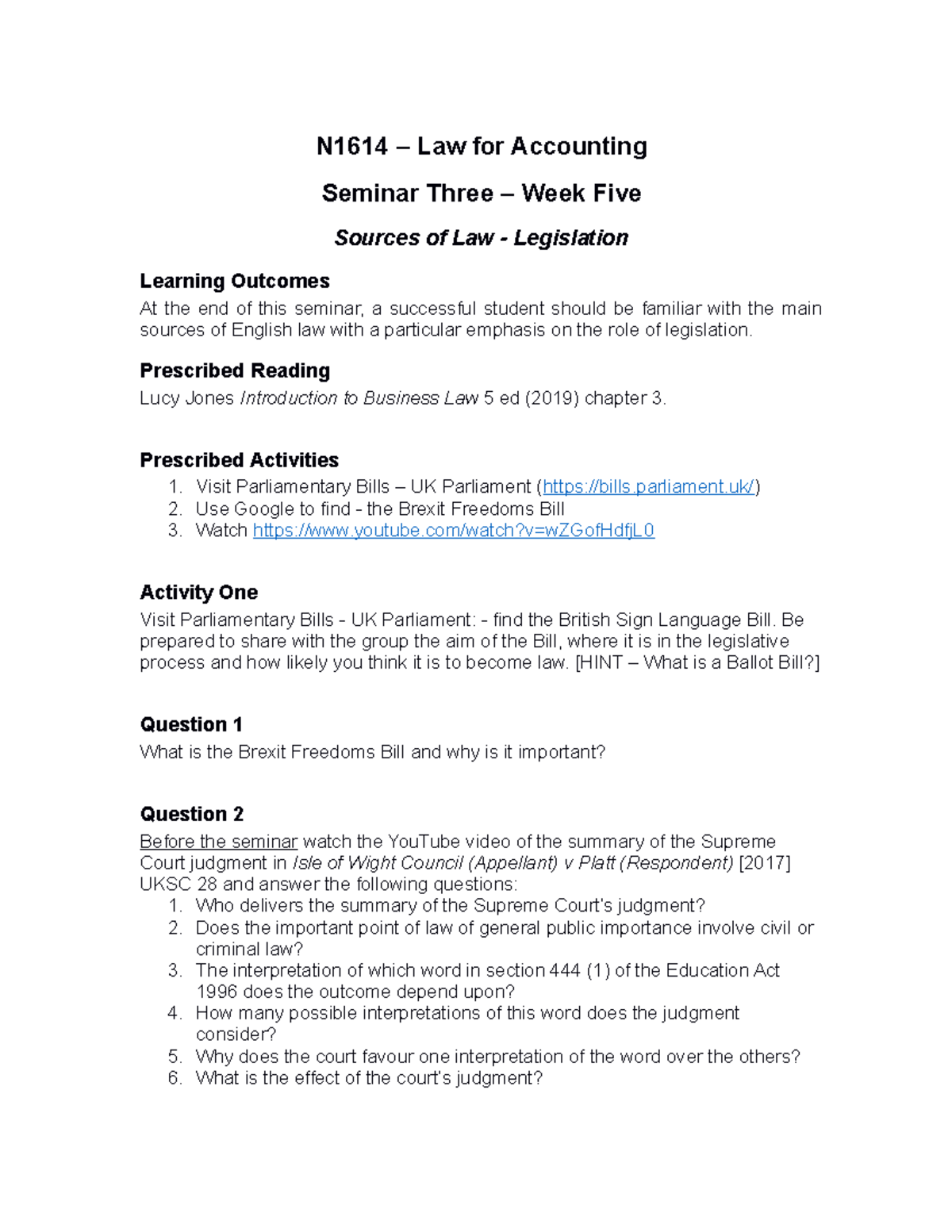 N1614 Seminar 3 2022 - N1614 – Law for Accounting Seminar Three – Week ...