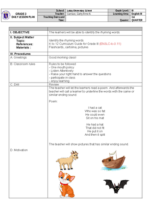 Imperative Sentence - None - GRADE 3 DAILY LESSON PLAN School:Lukay ...