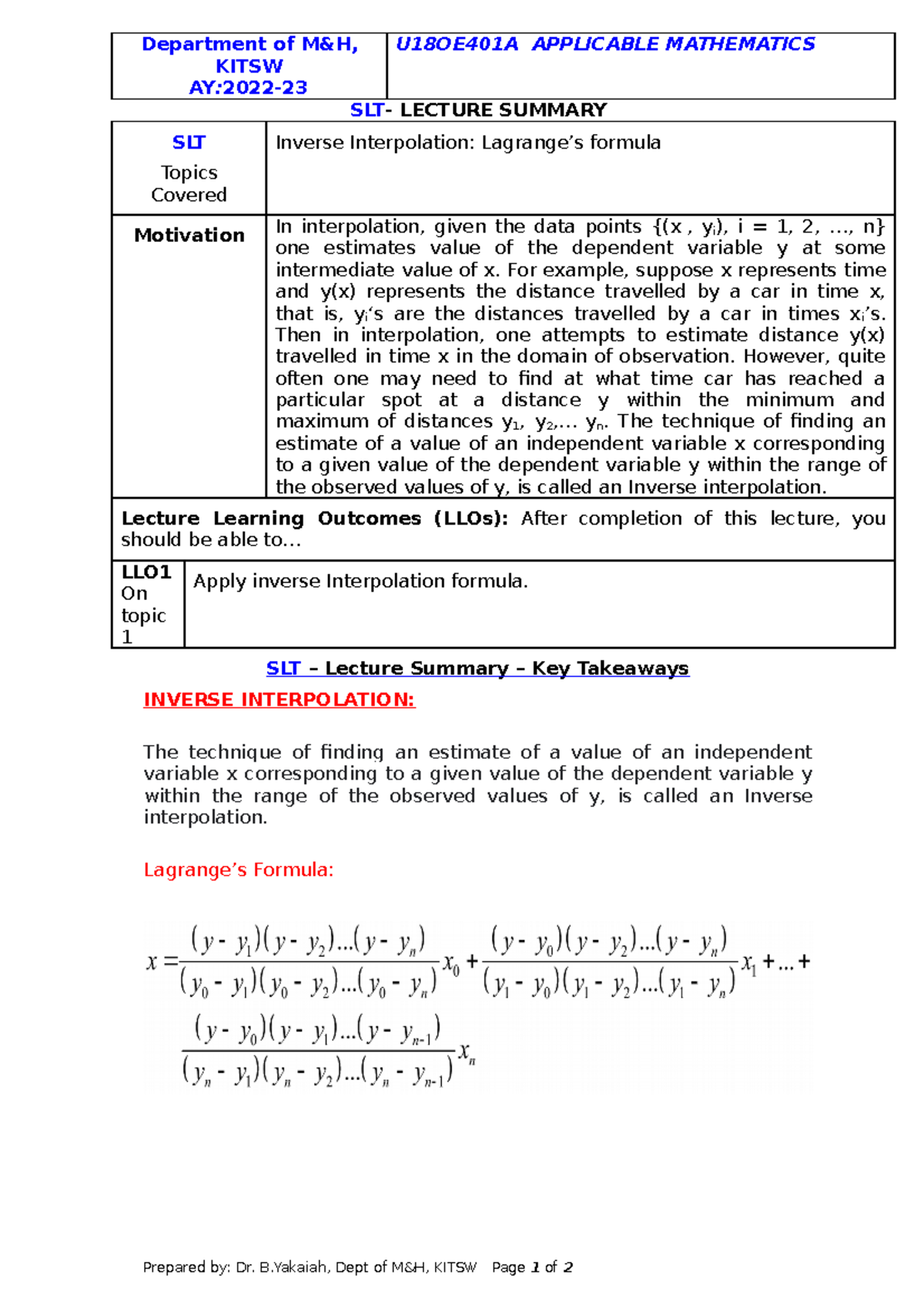 SLT-5Inverse Interpolation - Department of M&H, KITSW AY:2022 ...