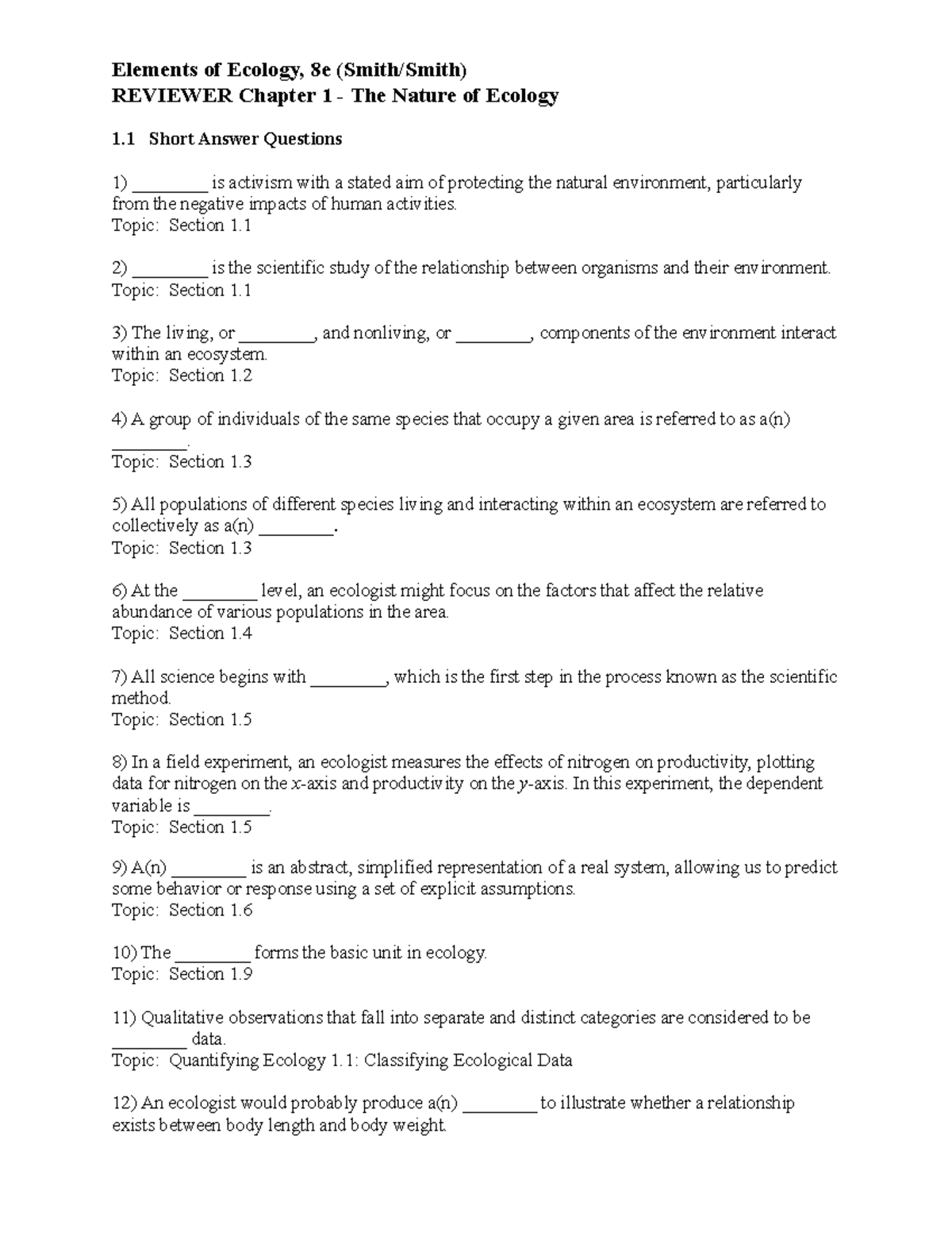 Elements of Ecology, 8e (Smith/Smith) REVIEWER Chapter 1 - The Nature of Ecology - Topic ...