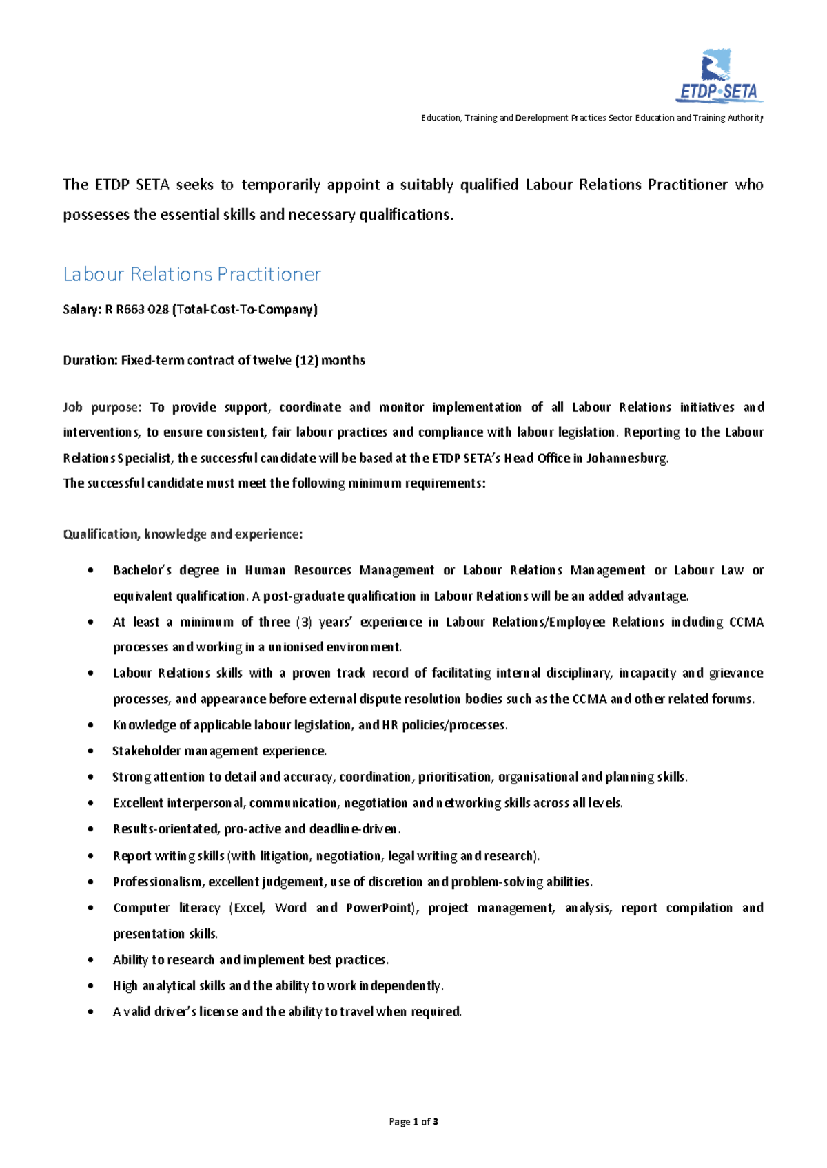 7. Advert - Labour Relations Practitioner - Education, Training and ...