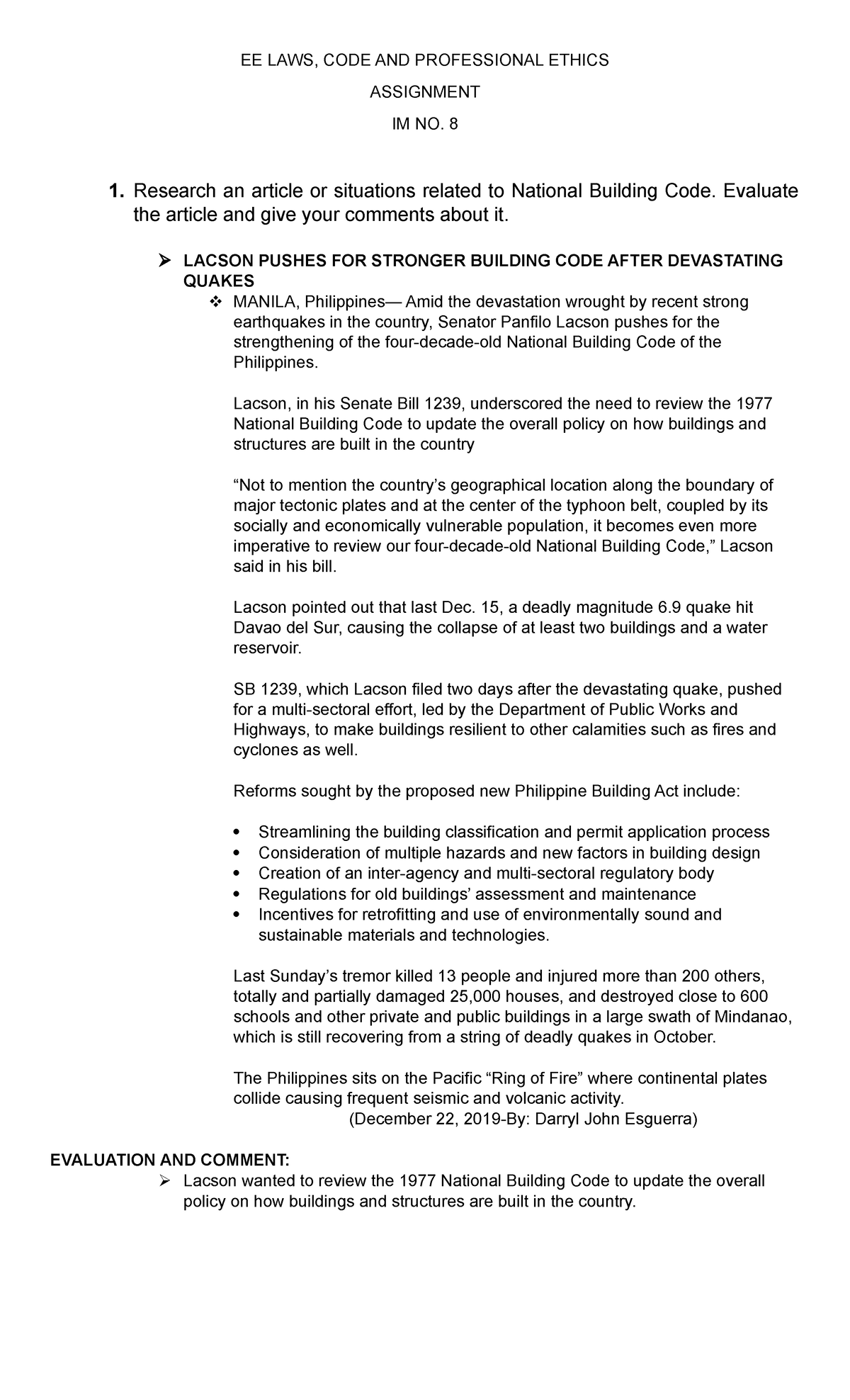 EE LAWS,CODE AND Ethics Assignment IM NO. 8 - EE LAWS, CODE AND ...