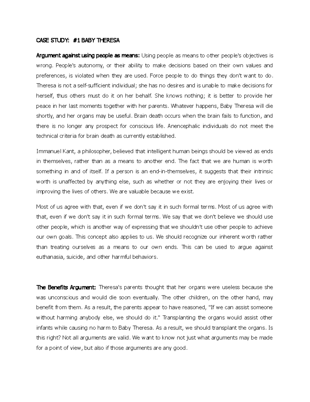 Case Study Baby Theresa - CASE STUDY: #1 BABY THERESA Argument against ...
