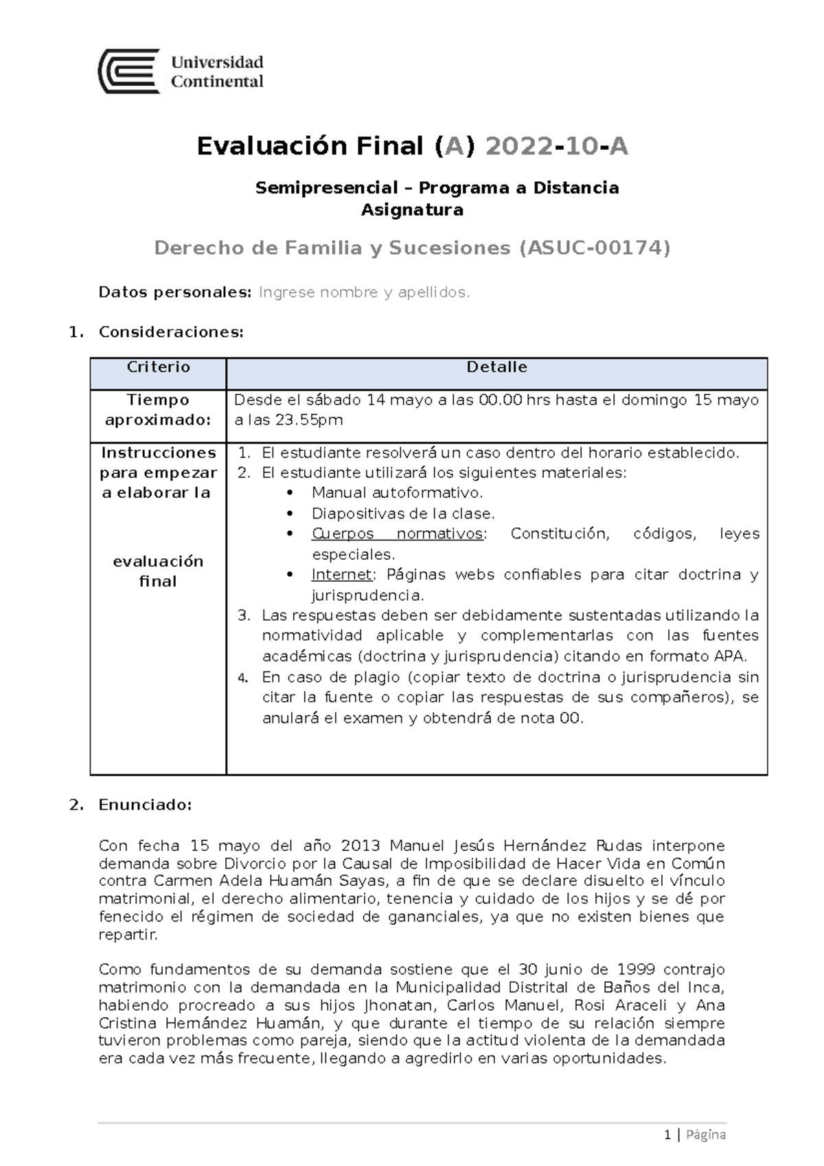 Evaluación final Derecho de Familia y Sucesiones 2022-10-A - Evaluación Final (A) 2022 - 10 - A ...