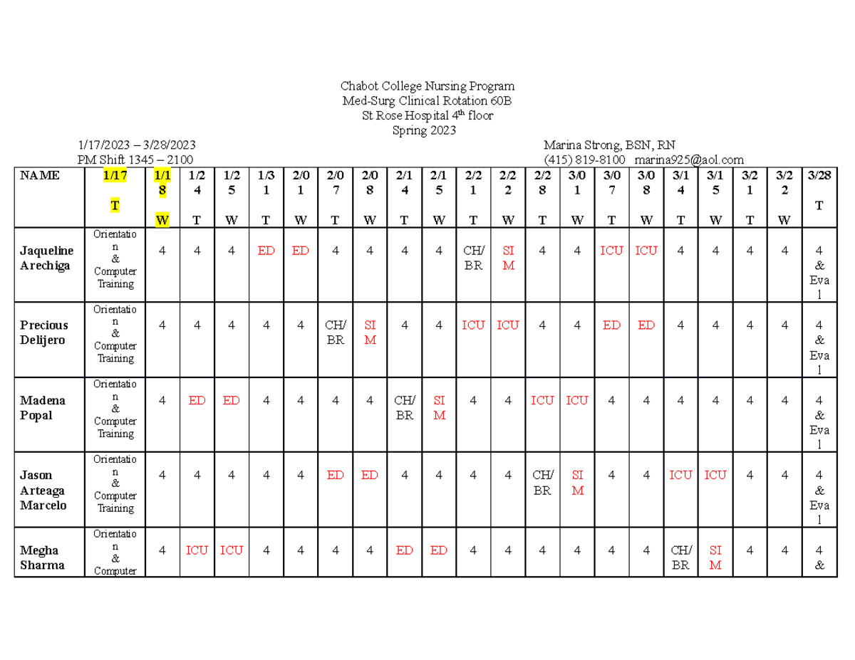 St Rose Hospital PM Shift Clinical schedule Spring 2023 - Chabot ...