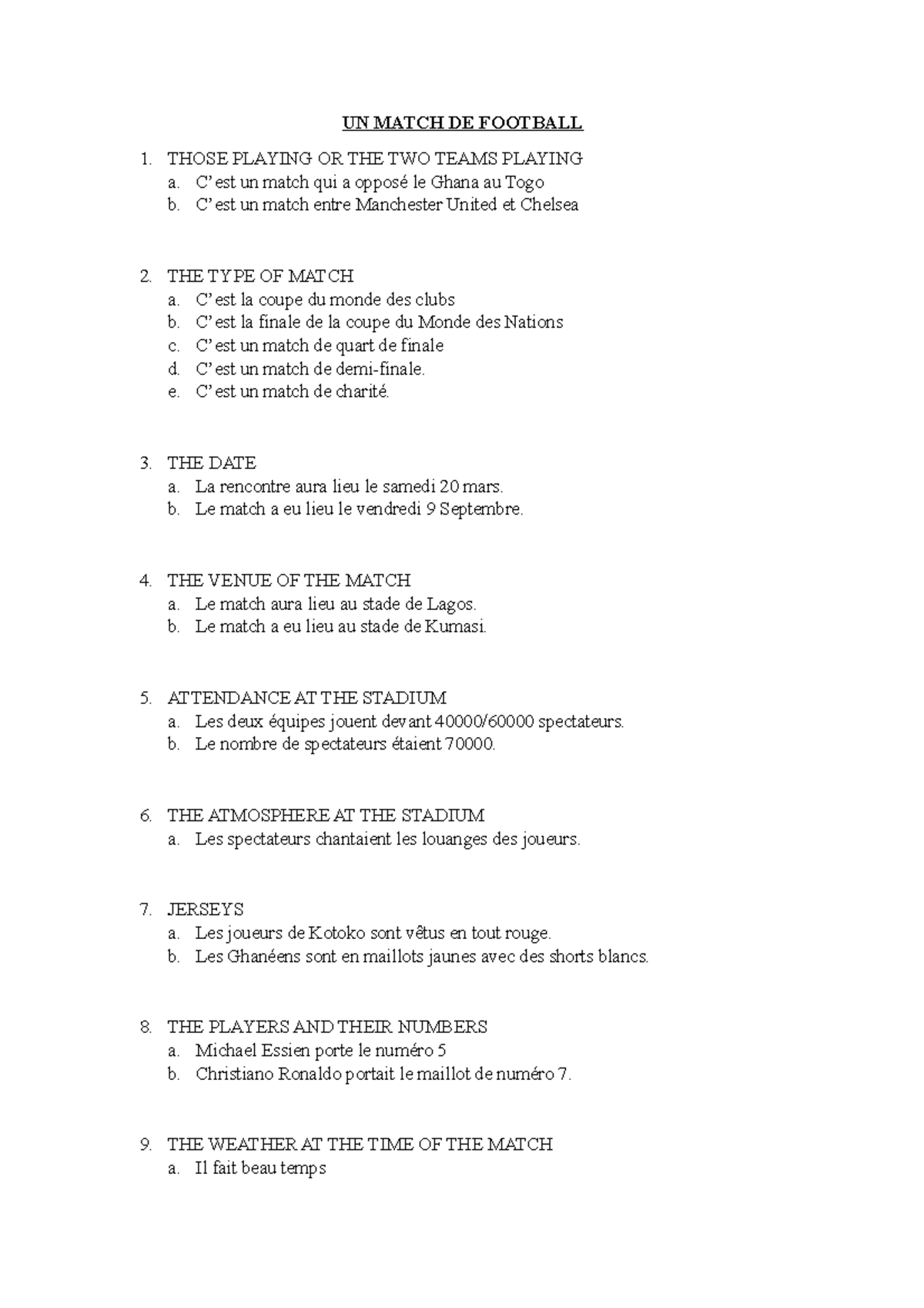 UN Match DE Football - UN MATCH DE FOOTBALL 1. THOSE PLAYING OR THE TWO ...