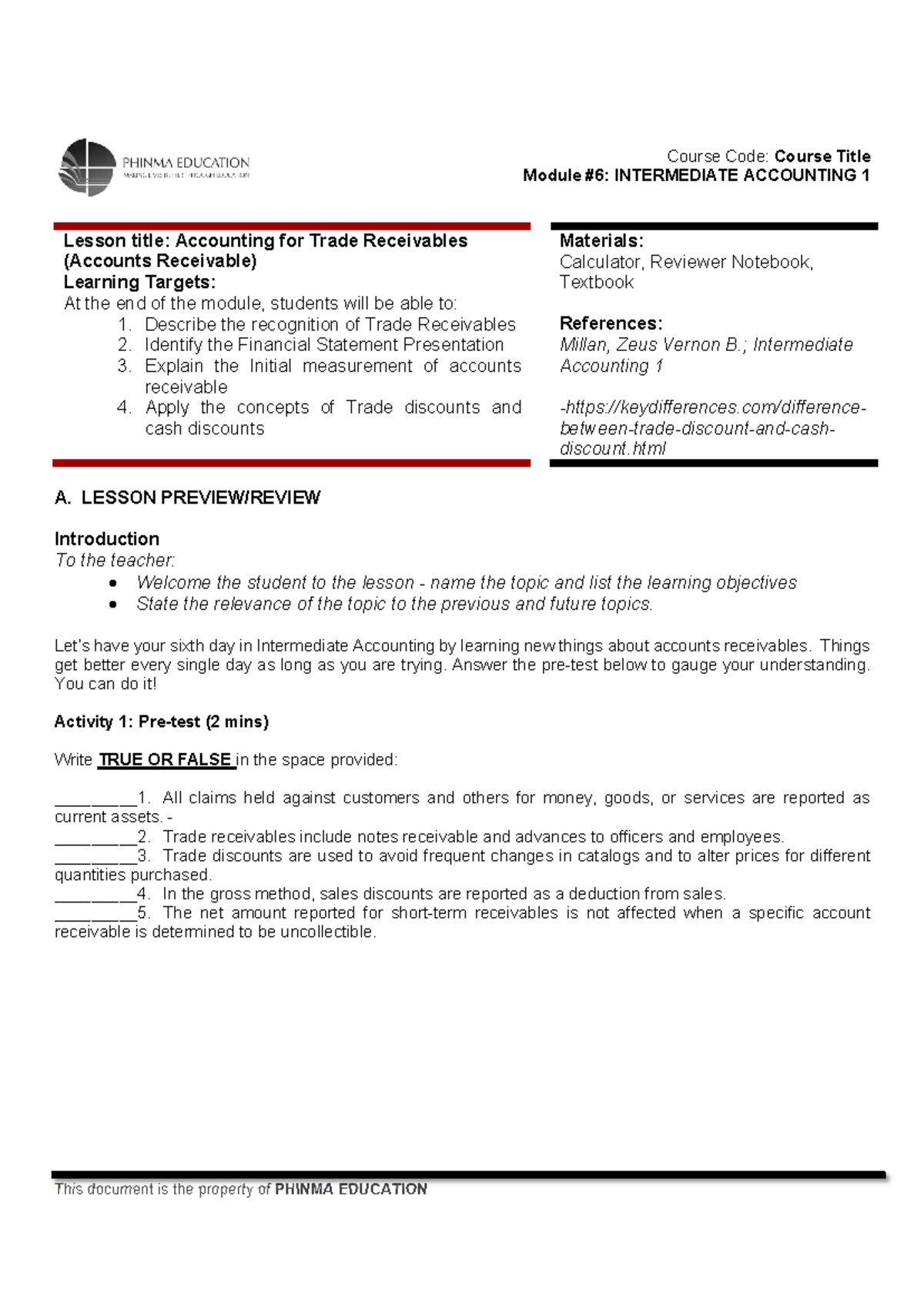 AR 4 - Accounts Receivable Materials - Module #6: INTERMEDIATE ...