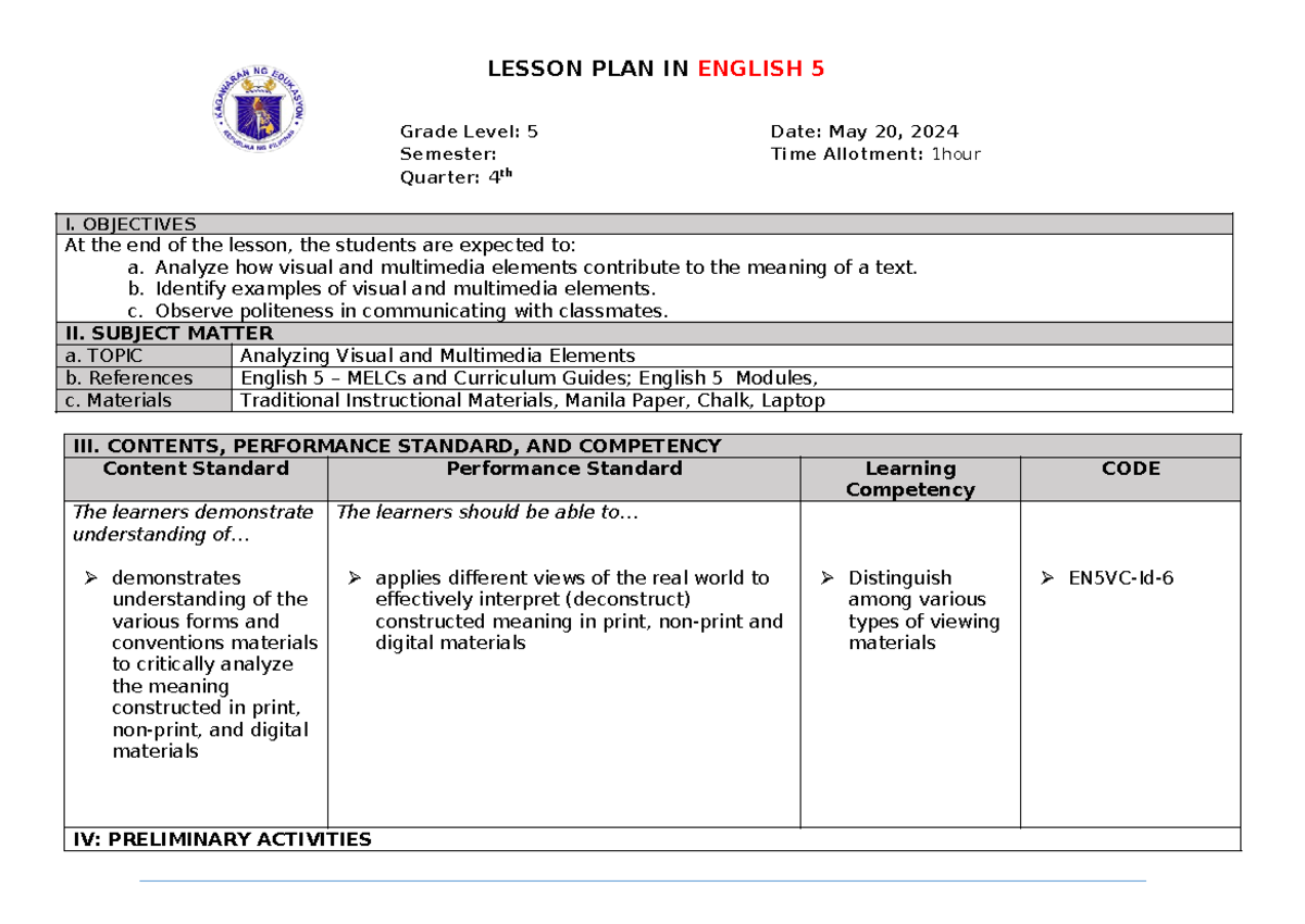 Lesson PLAN IN English 5 - LESSON PLAN IN ENGLISH 5 Grade Level: 5 Date ...