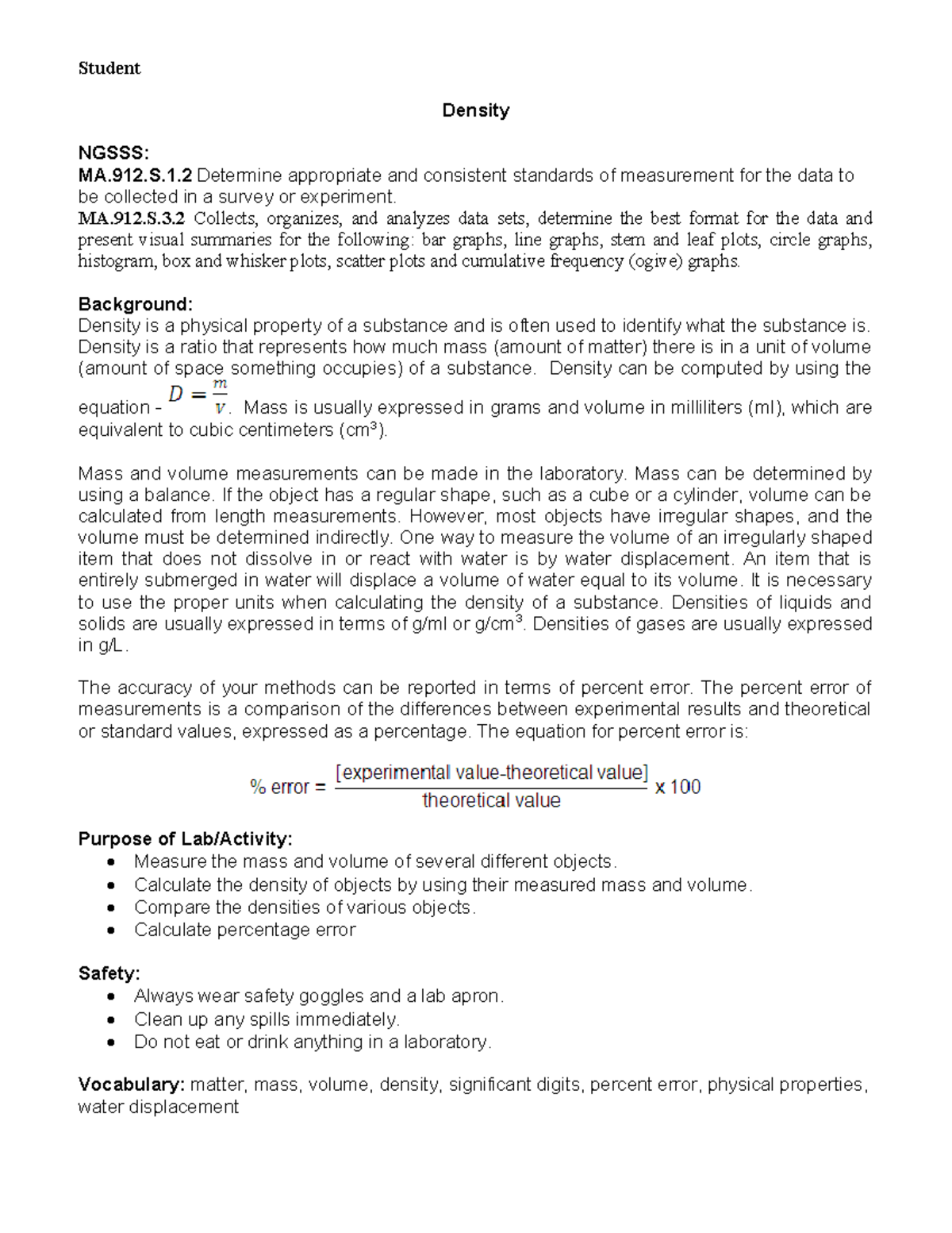 Density Laboratory 1 - idk - Density NGSSS: MA.912.S.1 Determine ...