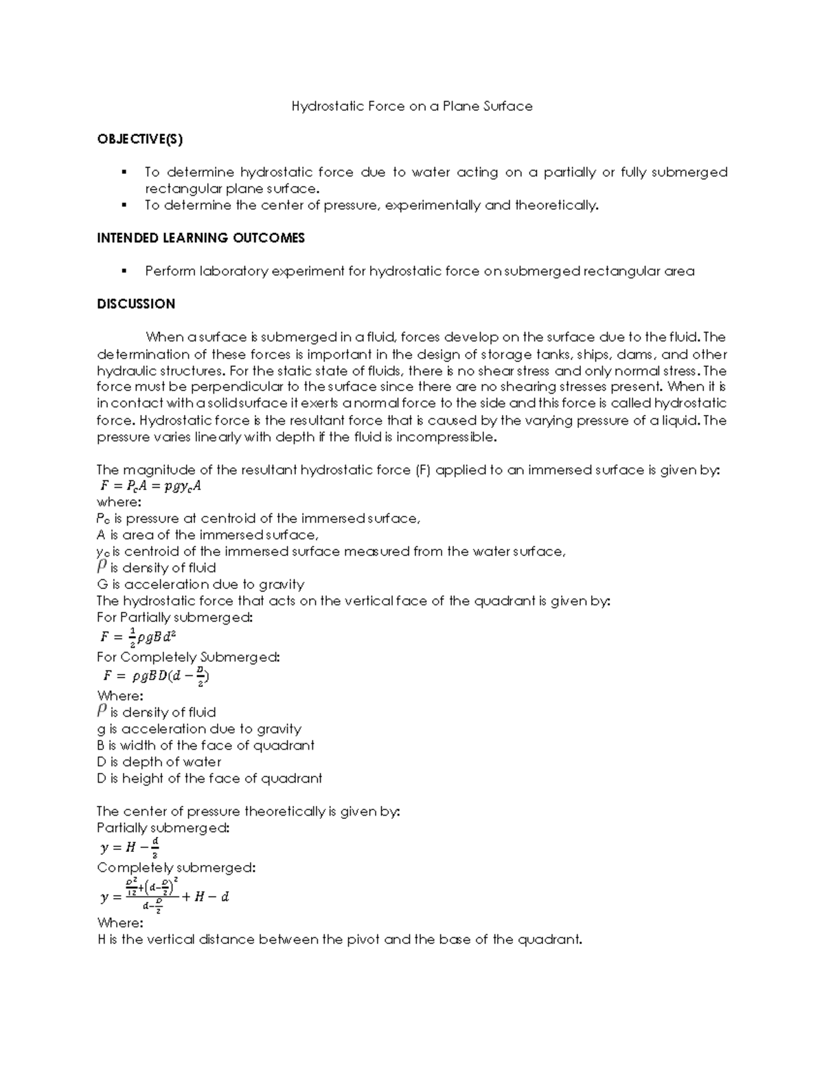 Hydrostatic Force on a Plane Surface Lab Report - Hydrostatic Force on ...