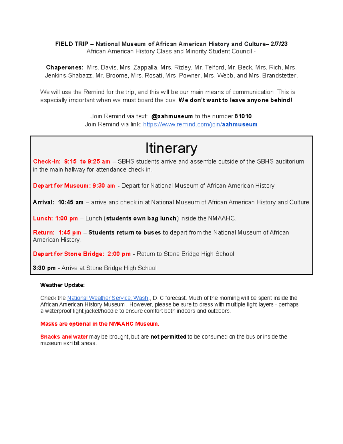 Itinerary - Nmaahc Field Trip - AAH MSC - FIELD TRIP – National Museum ...