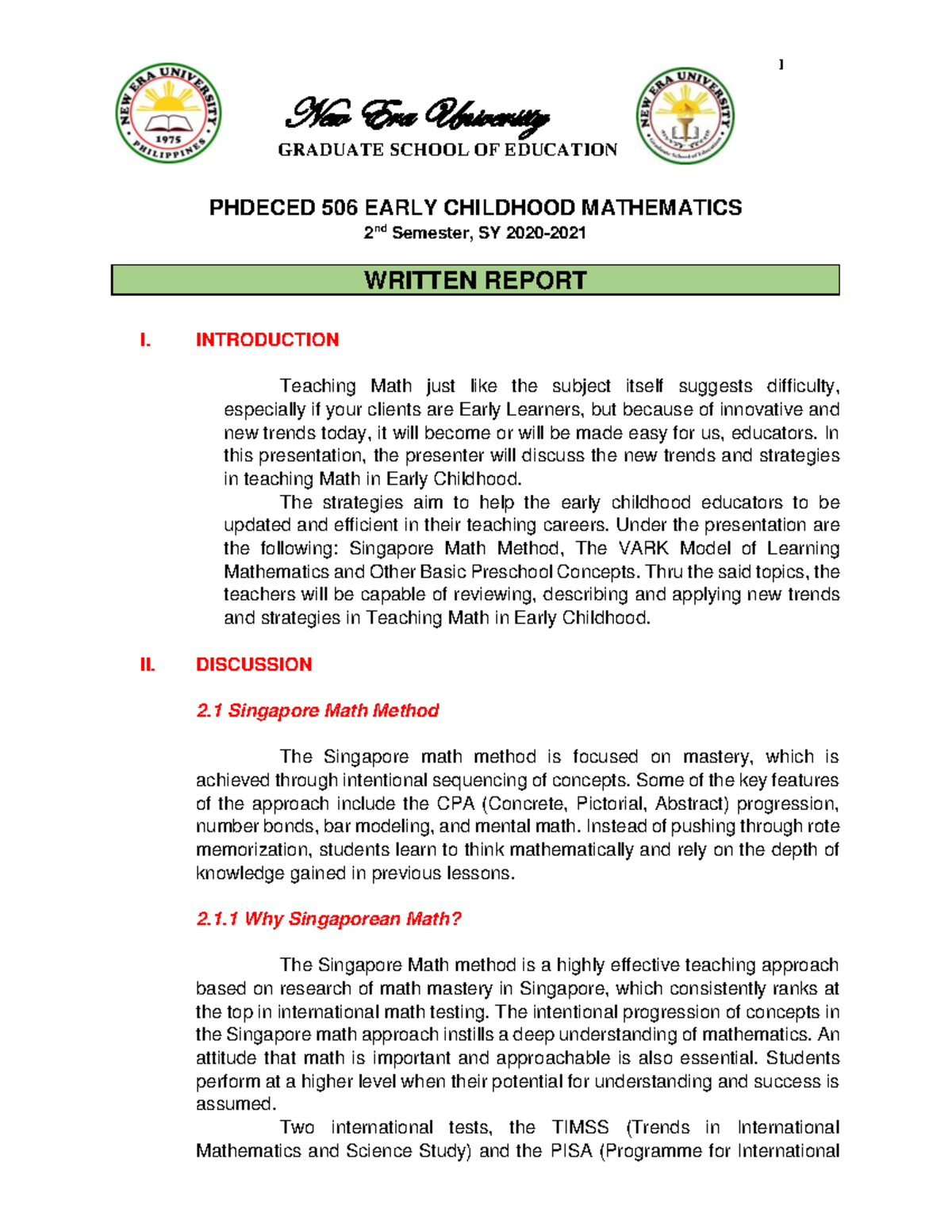 Second Written Report: Math in Early Years - New Era University ...
