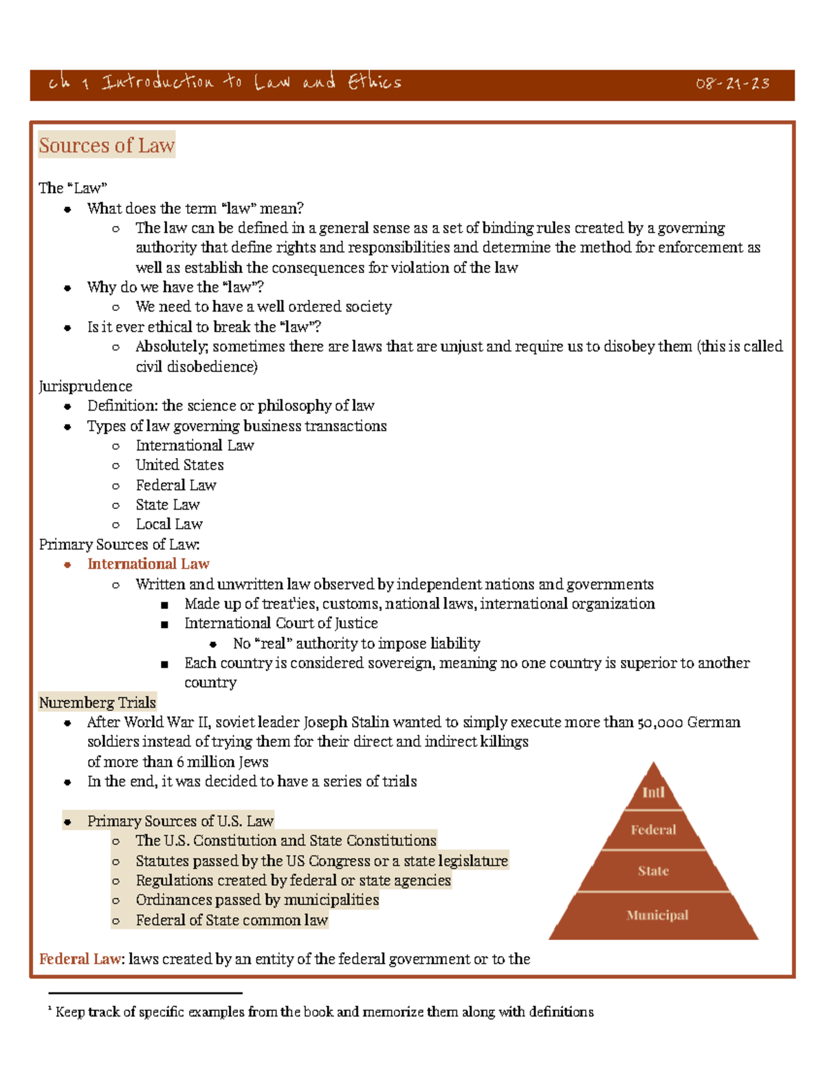 ACCT 215 Notes - ch 1 Introduction to Law and Ethics 08-21- Sources of ...