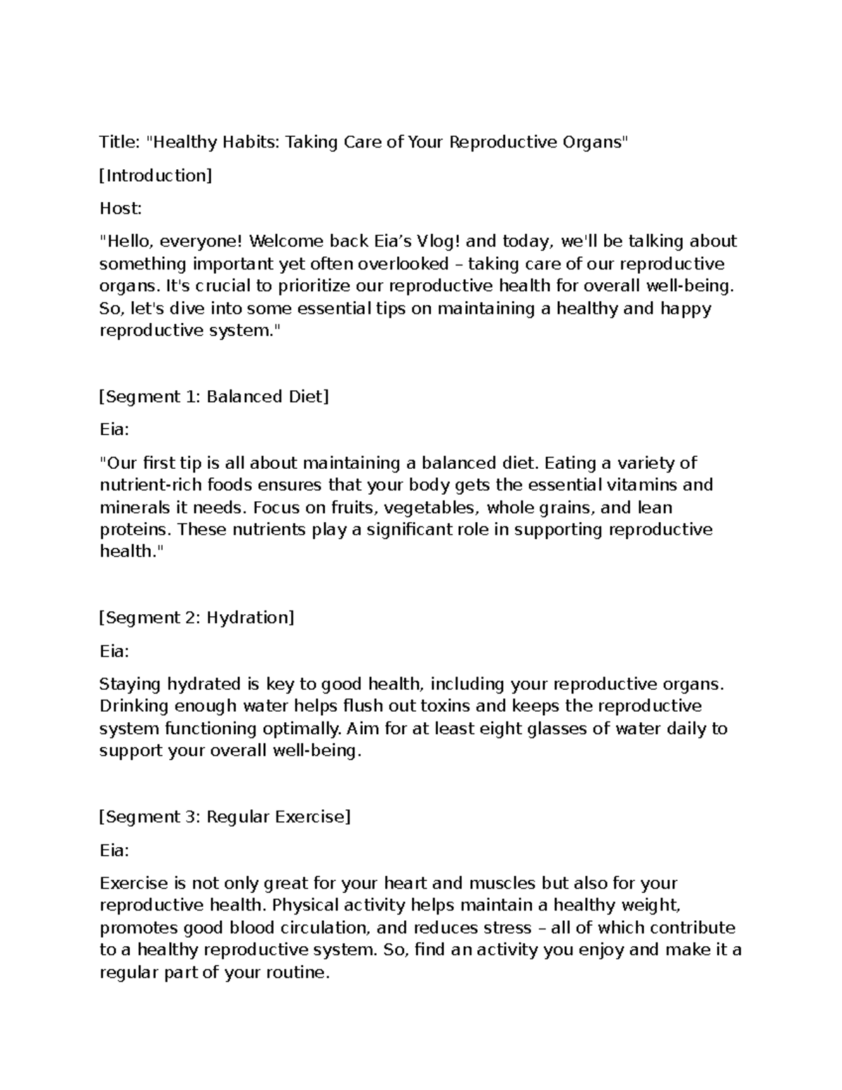 EIA'S VLOG - Script ng Vlog tungkol sa Kalusugan - Title: "Healthy ...