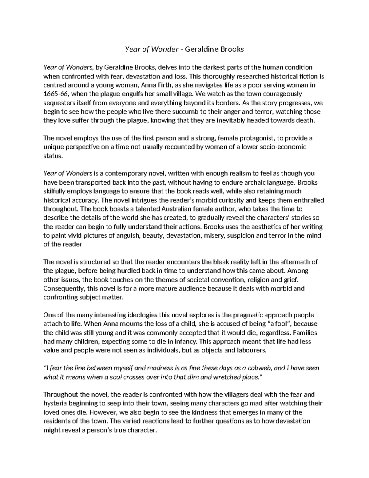 Year of Wonder Western Cannon - Year of Wonder - Geraldine Brooks Year ...